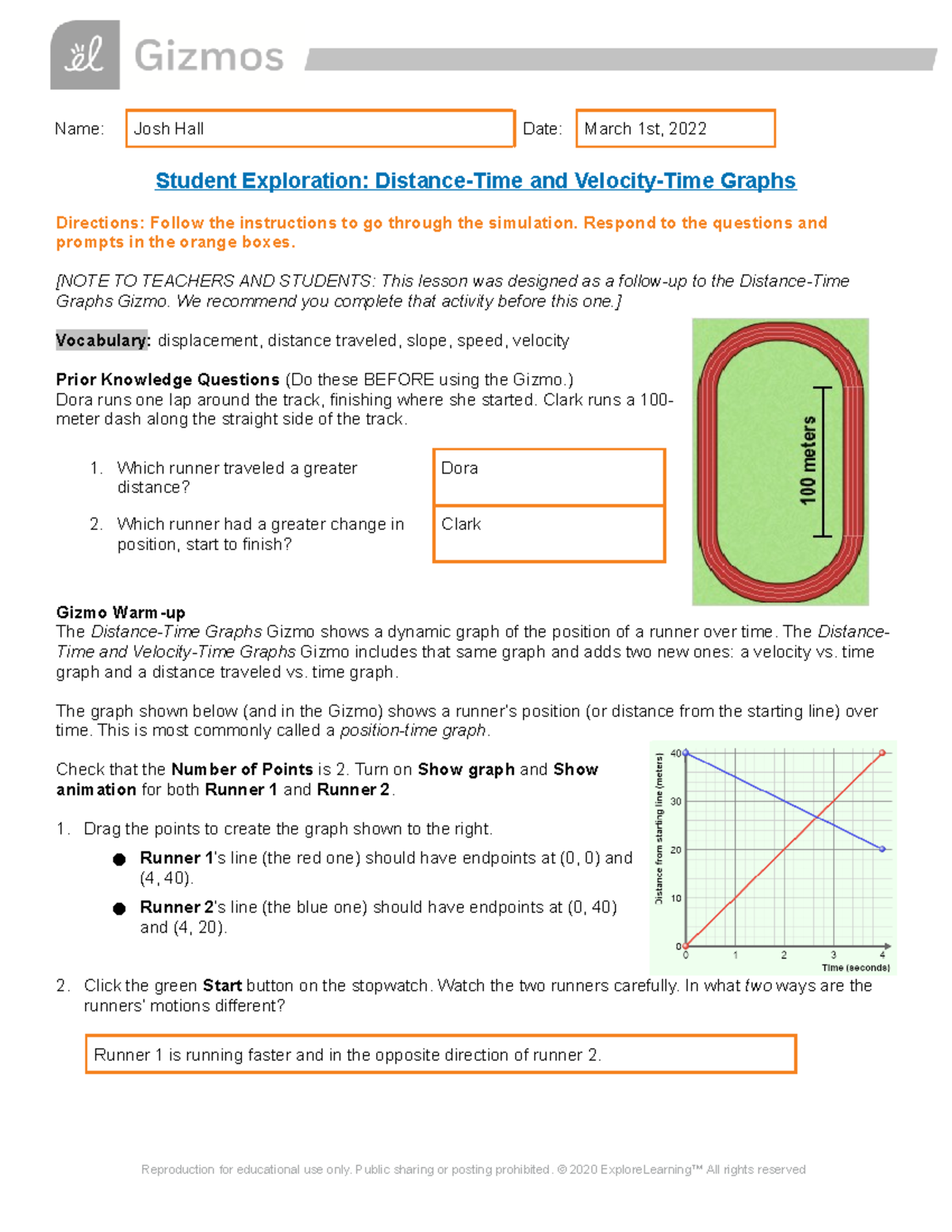 Josh Hall - Distance Time and Velocity Graphs Gizmo - Name: Josh Hall ...