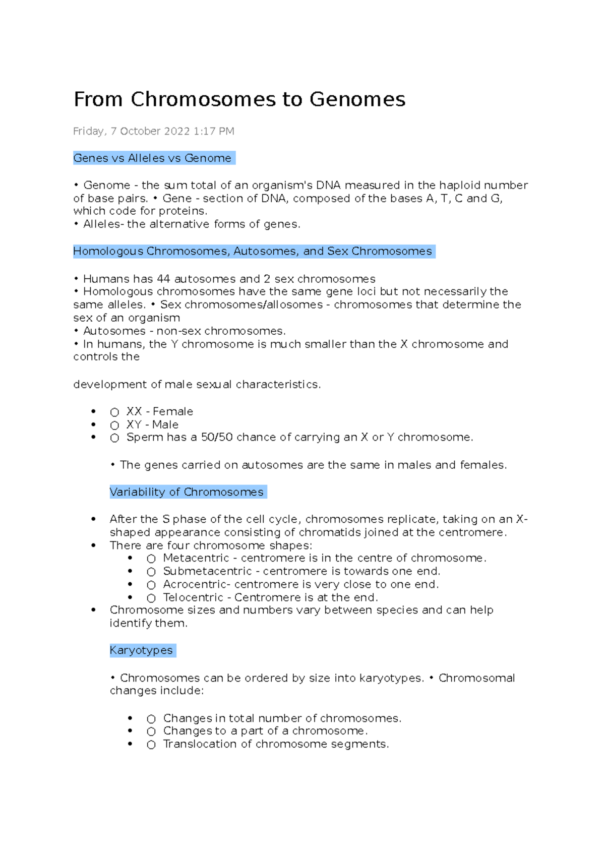 LFS103- Introductory Bioscience Summary notes (1) - From Chromosomes to ...