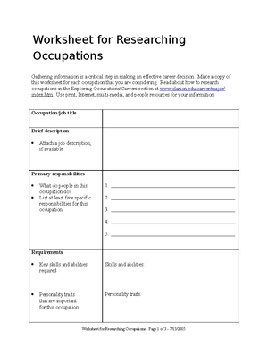 Occupation Research Worksheet - Worksheet for Researching Occupations ...