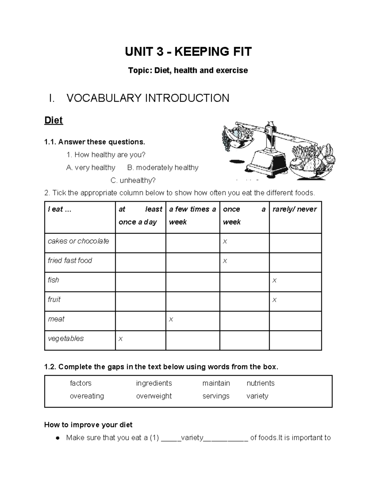 Vocab 3 - yuvn - UNIT 3 - KEEPING FIT Topic: Diet, health and exercise ...