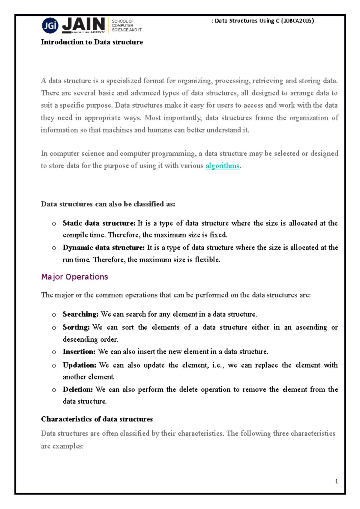 Unit 1 upadated notes - : Data Structures Using C (20BCA2C05 ...