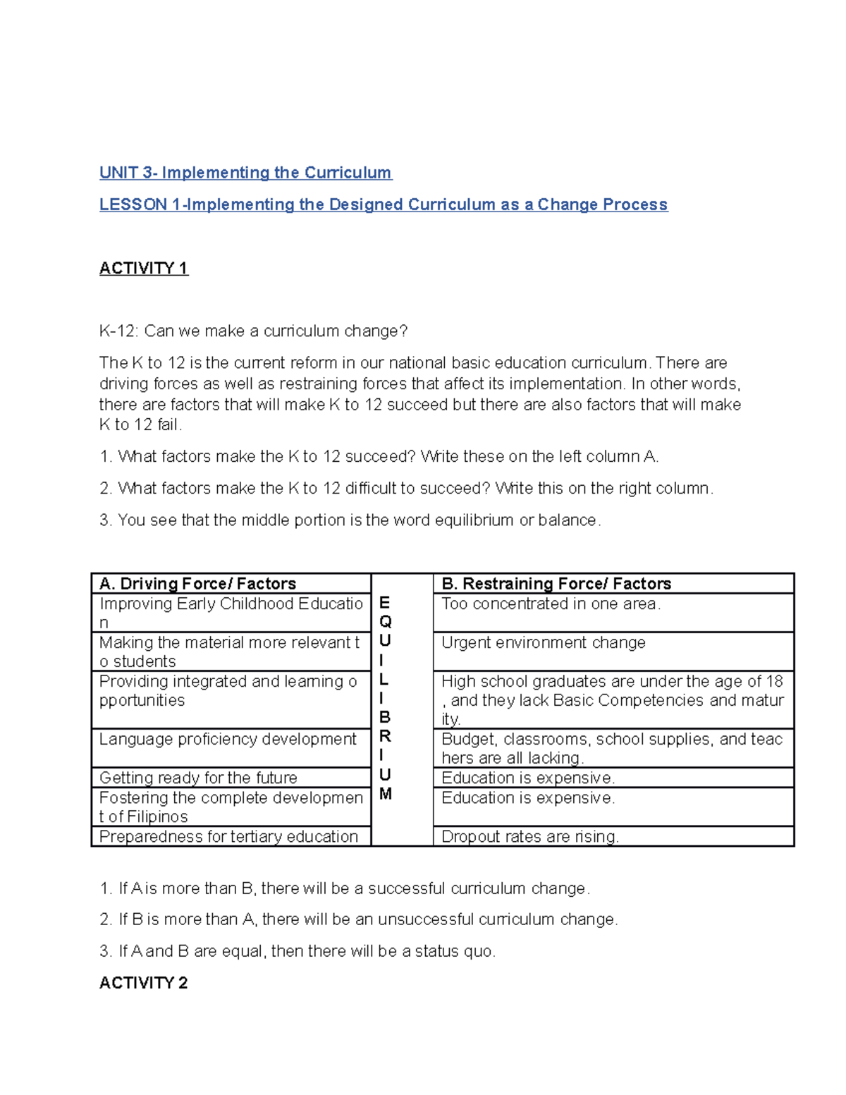 Unit 3 Assessment Lesson 1 - UNIT 3- Implementing the Curriculum LESSON ...