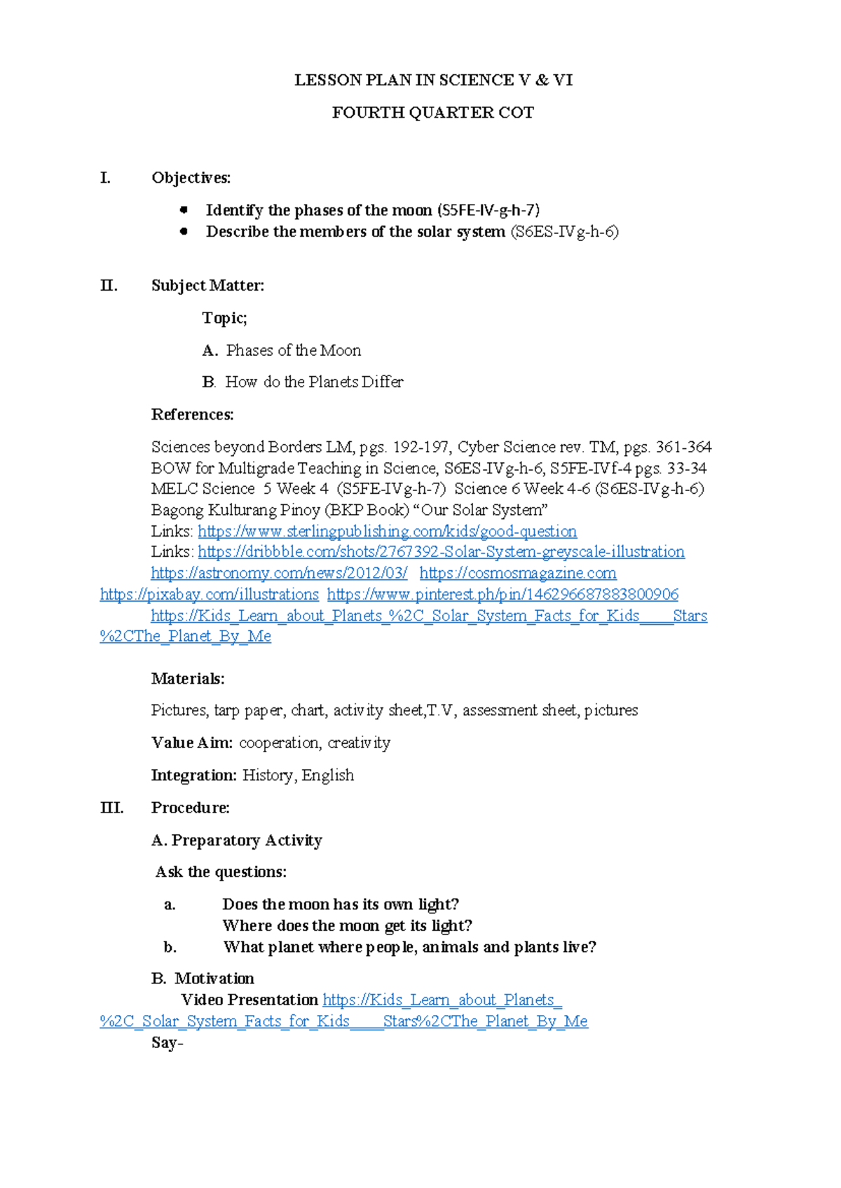 Fourth Quarter COT - classroom observation lesson plan - LESSON PLAN IN ...