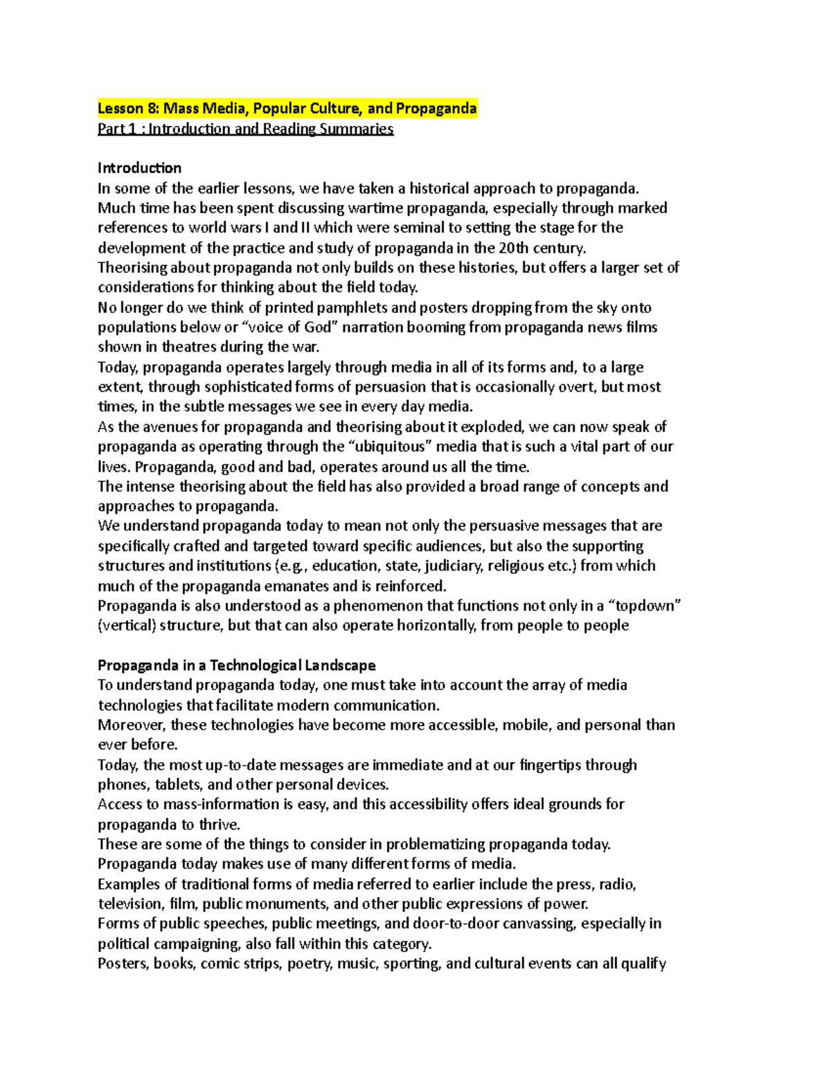 Lesson 8 Propaganda coms 361 winter 2021 - Lesson 8: Mass Media ...