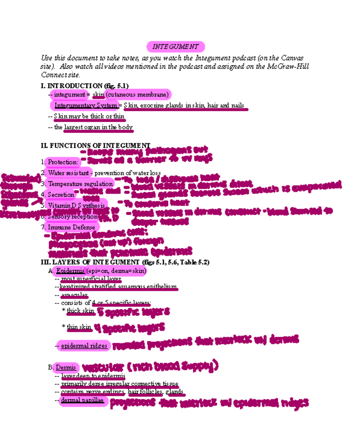 Integument Annotated Lecture Notes Integument Use This Document To