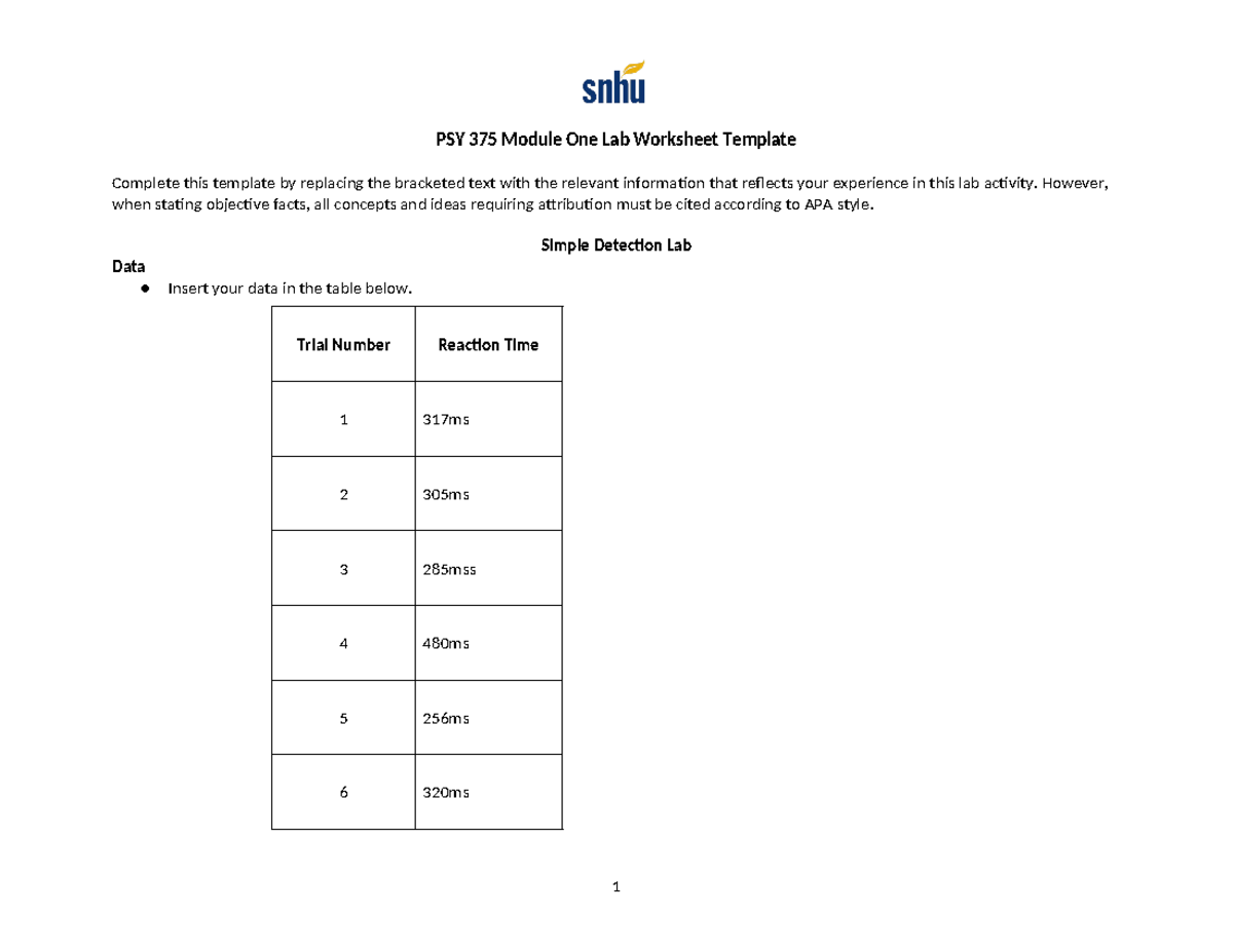 PSY 375 Module One Lab Worksheet EBethea - PSY 375 Module One Lab ...