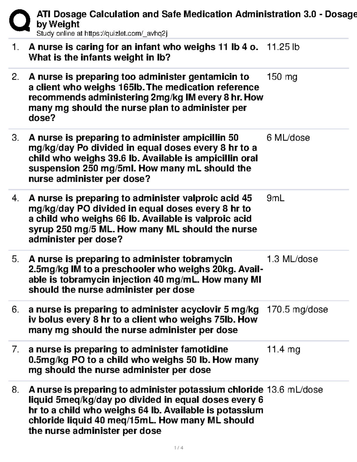 Dosage by Weight - note - by Weight Study online at quizlet/_avhq2j A ...