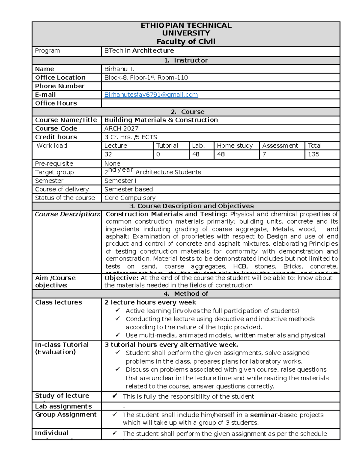 Building Material & Construction Course outline - ETHIOPIAN TECHNICAL ...