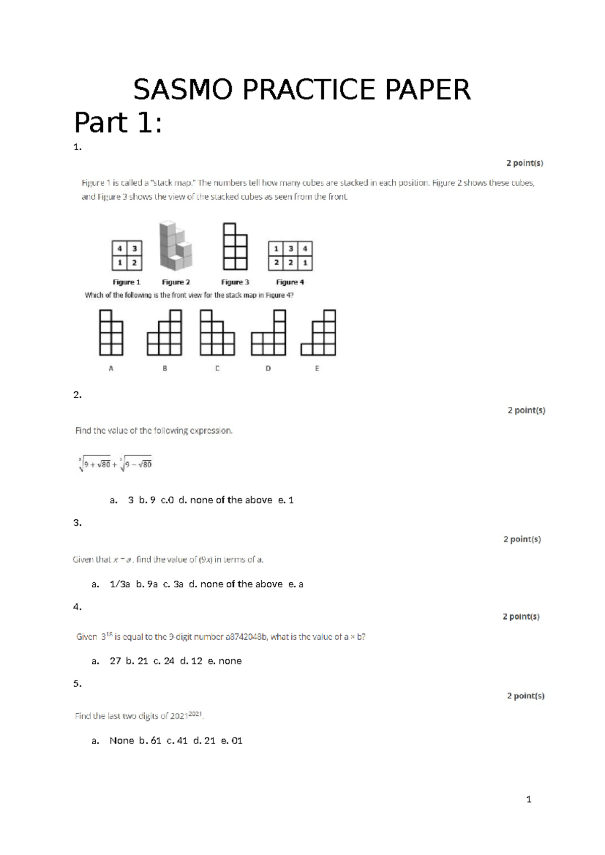 Sasmo 2023 G11 Practice Paper - SASMO PRACTICE PAPER Part 1: 1. 2. a. 3 ...