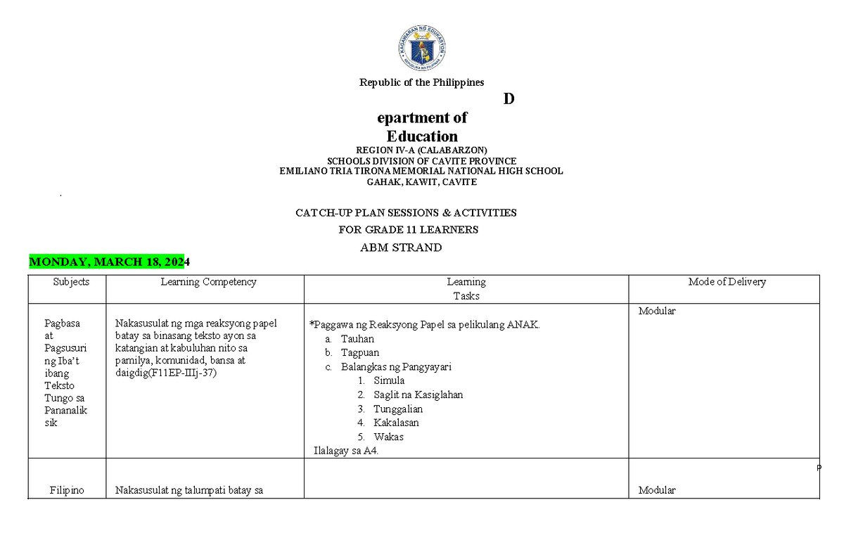 ABM - Republic of the Philippines D epartment of Education REGION IV-A ...
