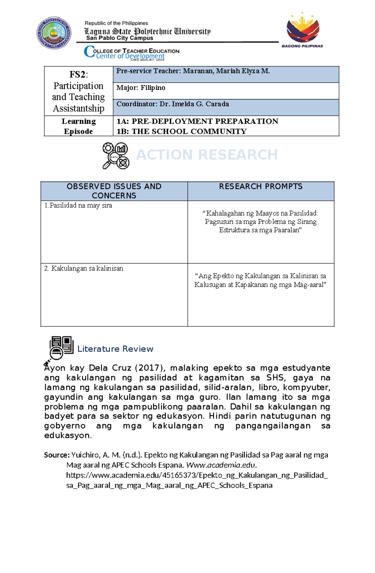 FS2 Action Research Template - FS2: Participation and Teaching ...
