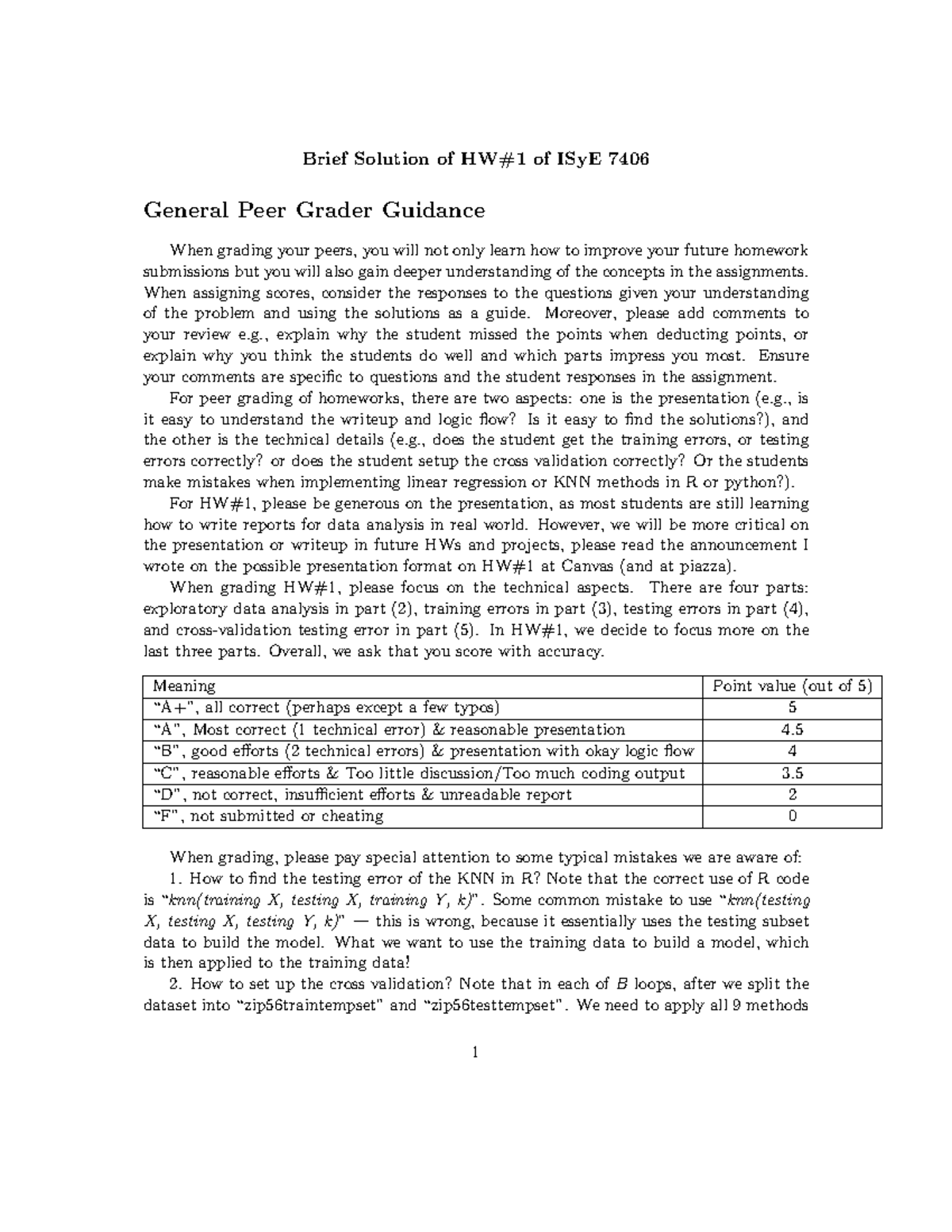 7406hw01sol - hw sol number 1 - Brief Solution of HW#1 of ISyE 7406 General Peer Grader Guidance ...