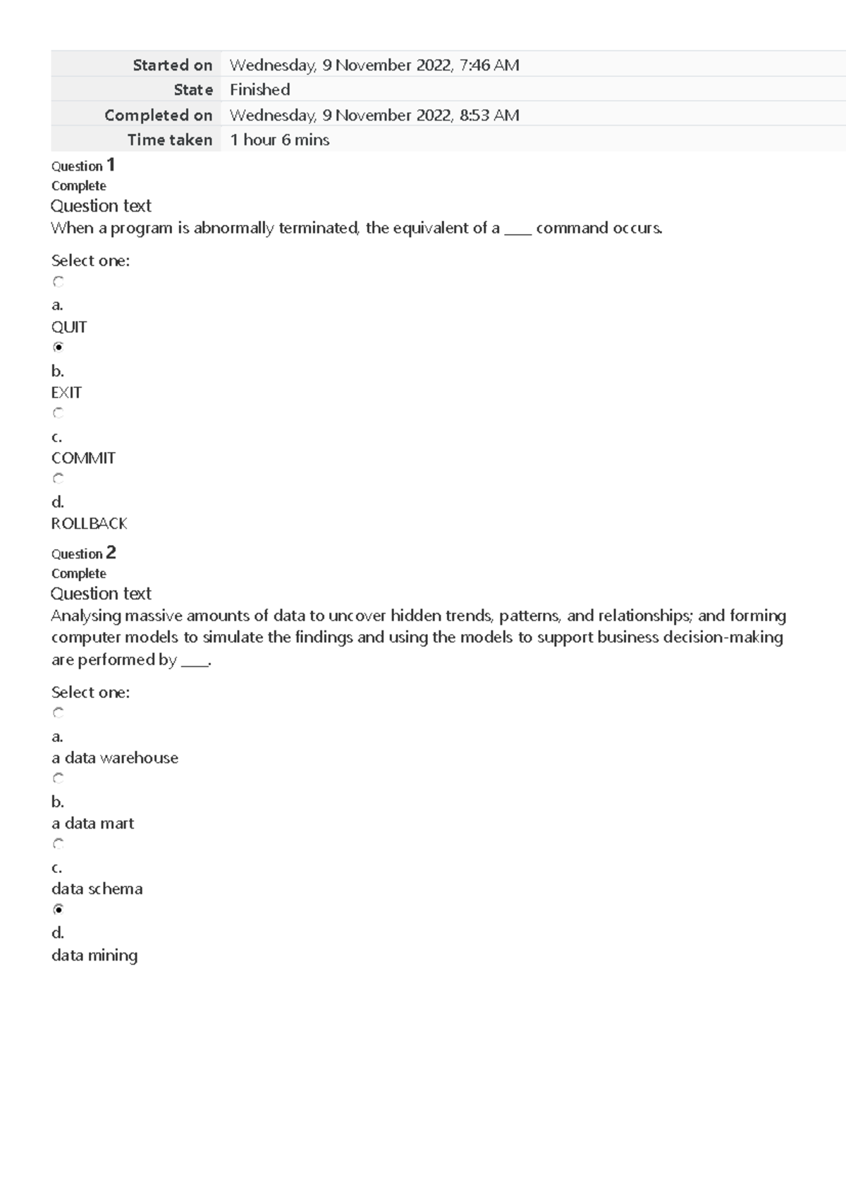 Inf3703 practice - Summary Database II - Started on Wednesday, 9 November 2022, 7:46 AM State ...