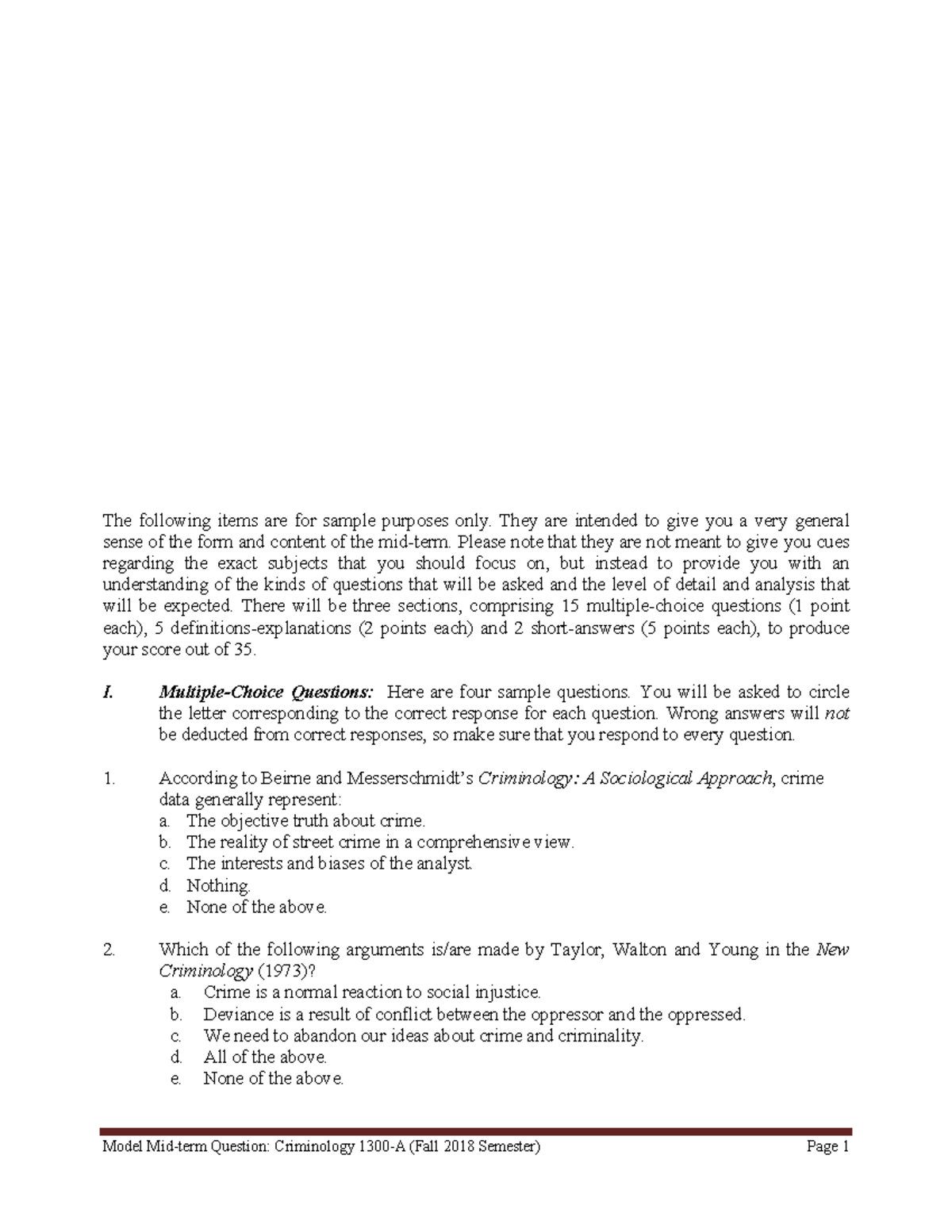 Model Midterm Questions - CRIMINOLOGY 1300-A: Introduction to ...