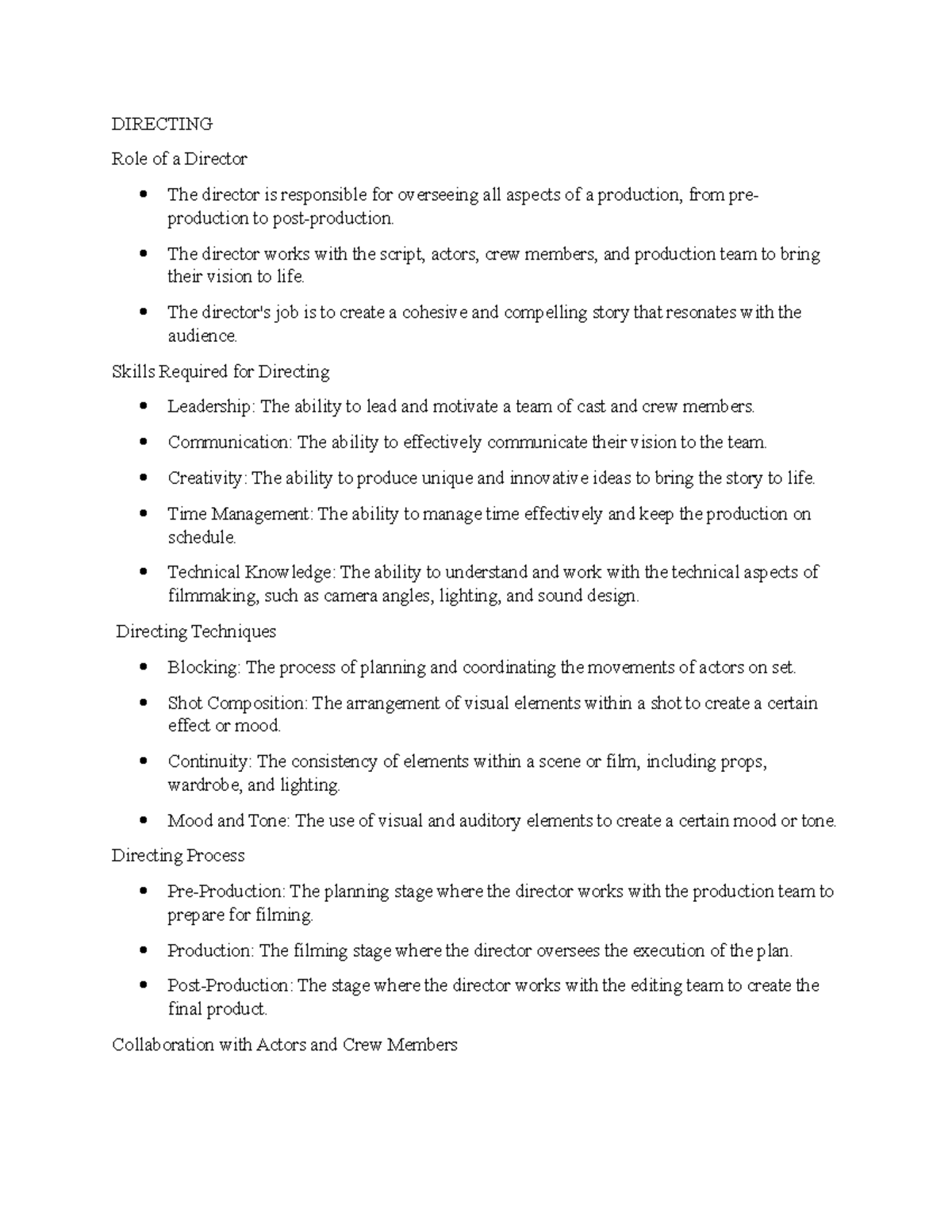 Directing Notes 1 - Examination of the theater director's craft and ...