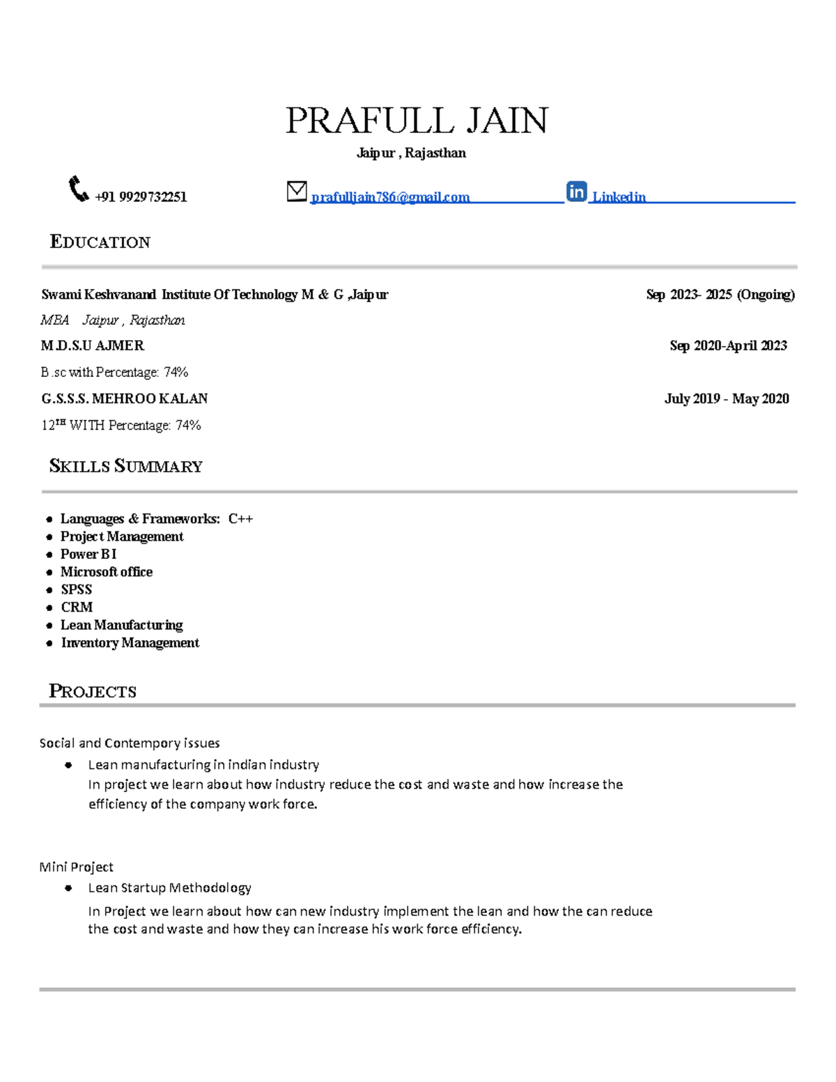 Prafull jain resume - PRAFULL JAIN Jaipur , Rajasthan +91 9929732251 prafulljain786@gmail ...