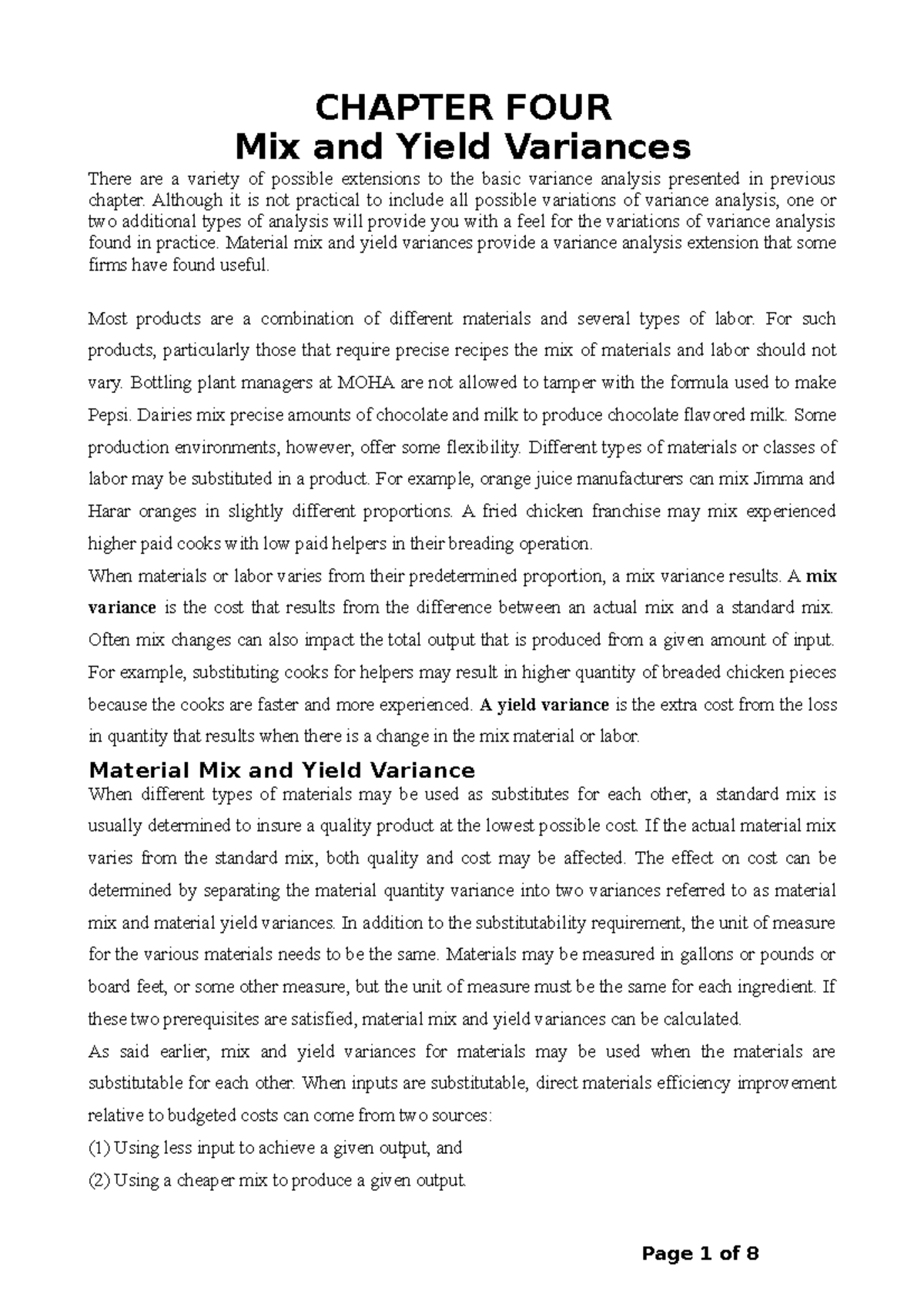 Ch 4 mix Yield Variances-Note - CHAPTER FOUR Mix and Yield Variances ...