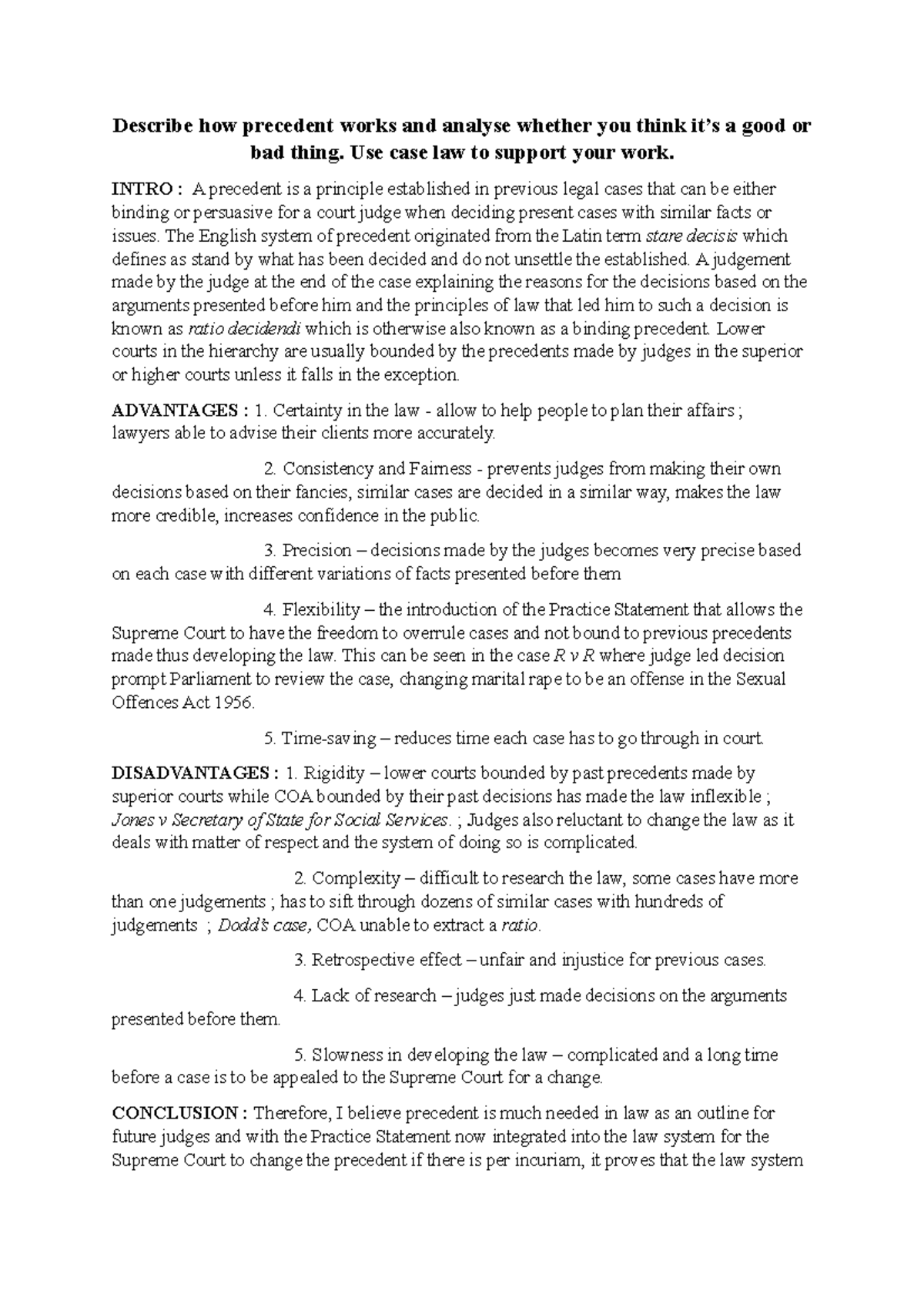 Precedent (A&D) - English legal system common exam question - Describe ...