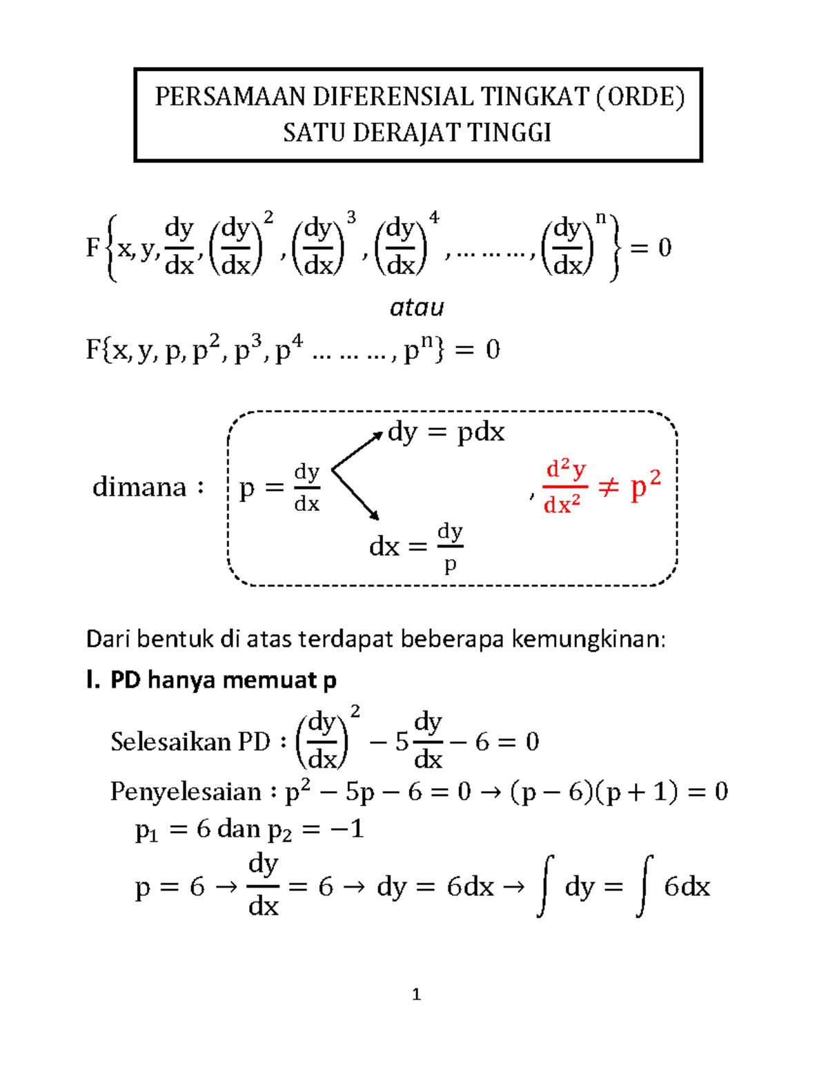 Kalkulus 3-222 - PERSAMAAN DIFERENSIAL TINGKAT (ORDE) SATU DERAJAT TINGGI F {x, y, dy dx , (dy ...
