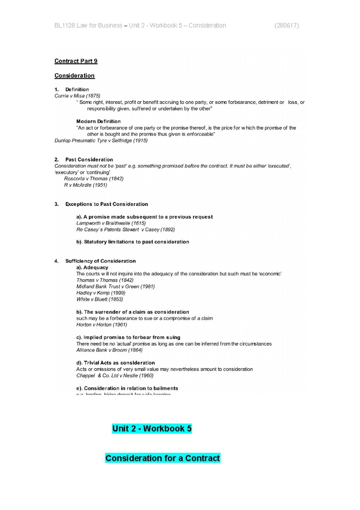Unit 2 Workbook 5 Consideration - Contract Part 9 Consideration ...