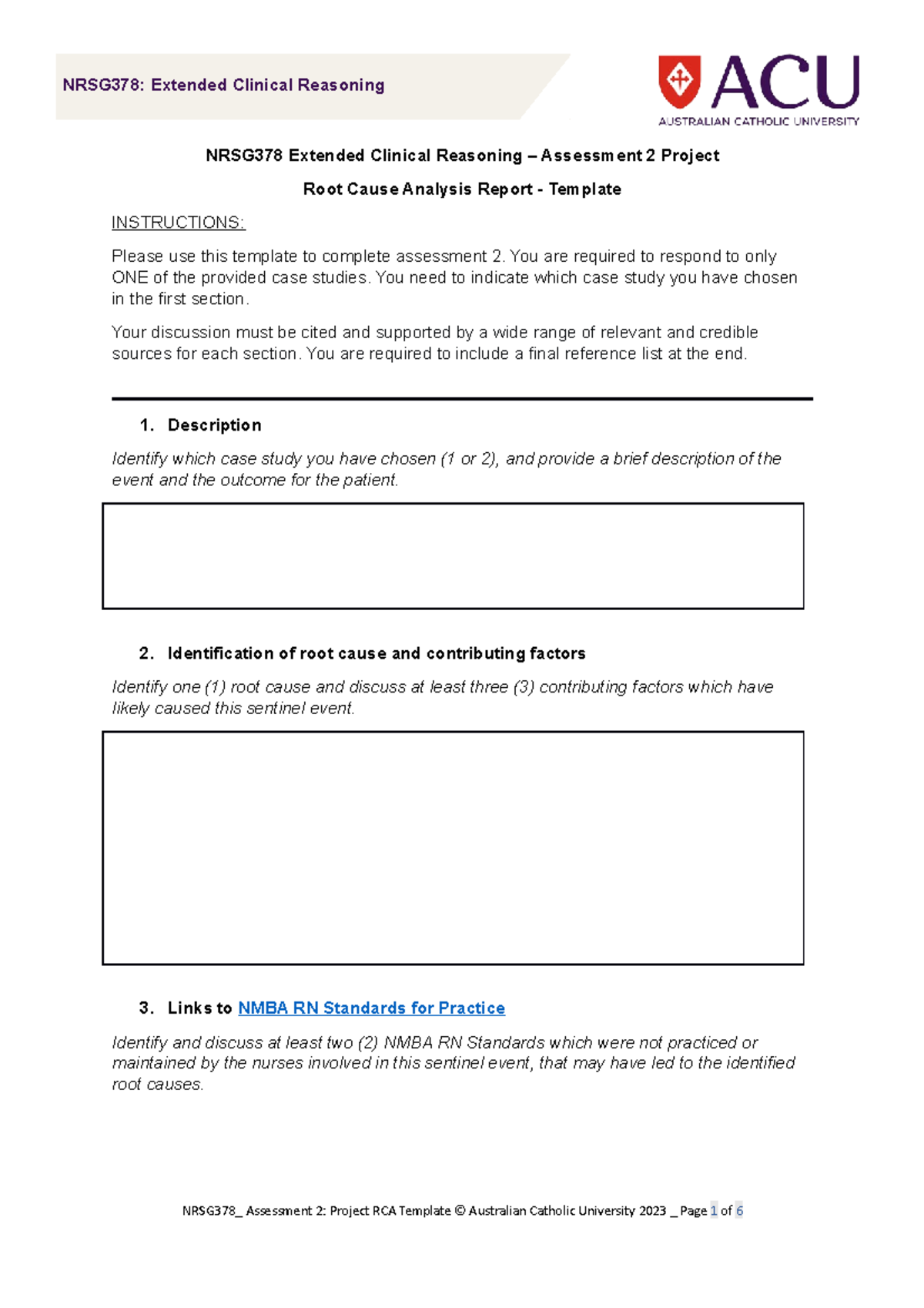 NRSG378 Assessment 2 RCA template - NRSG378 Extended Clinical Reasoning ...