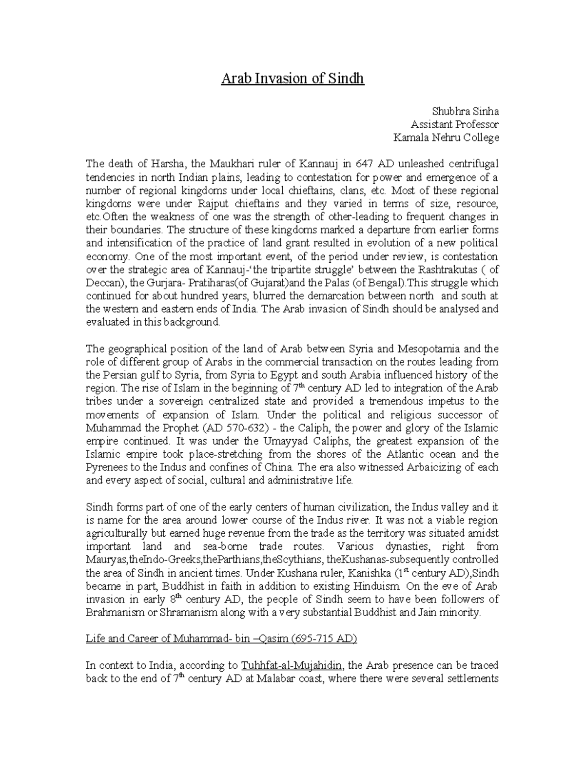 Arab invasion of Sindh - Arab Invasion of Sindh Shubhra Sinha Assistant ...