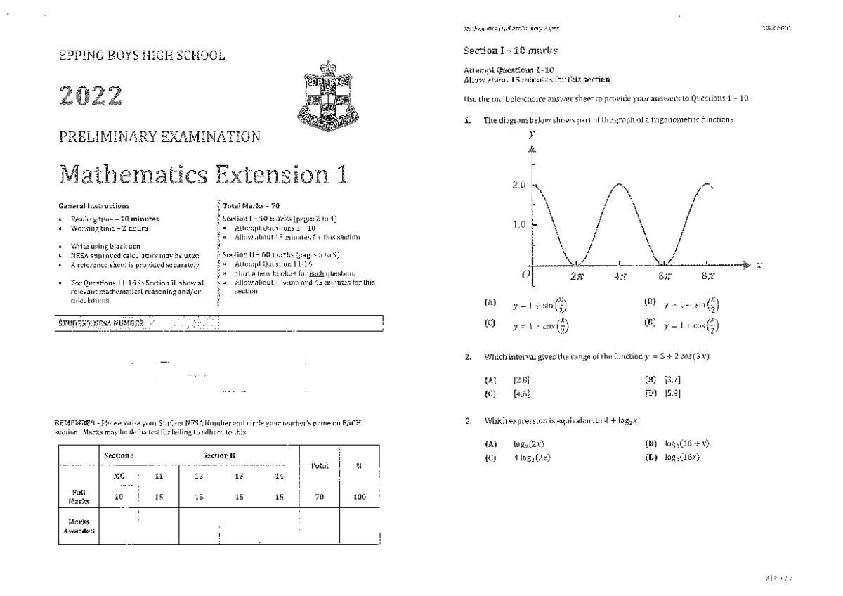 2022 ebhs maths ext 1 exam - Studocu