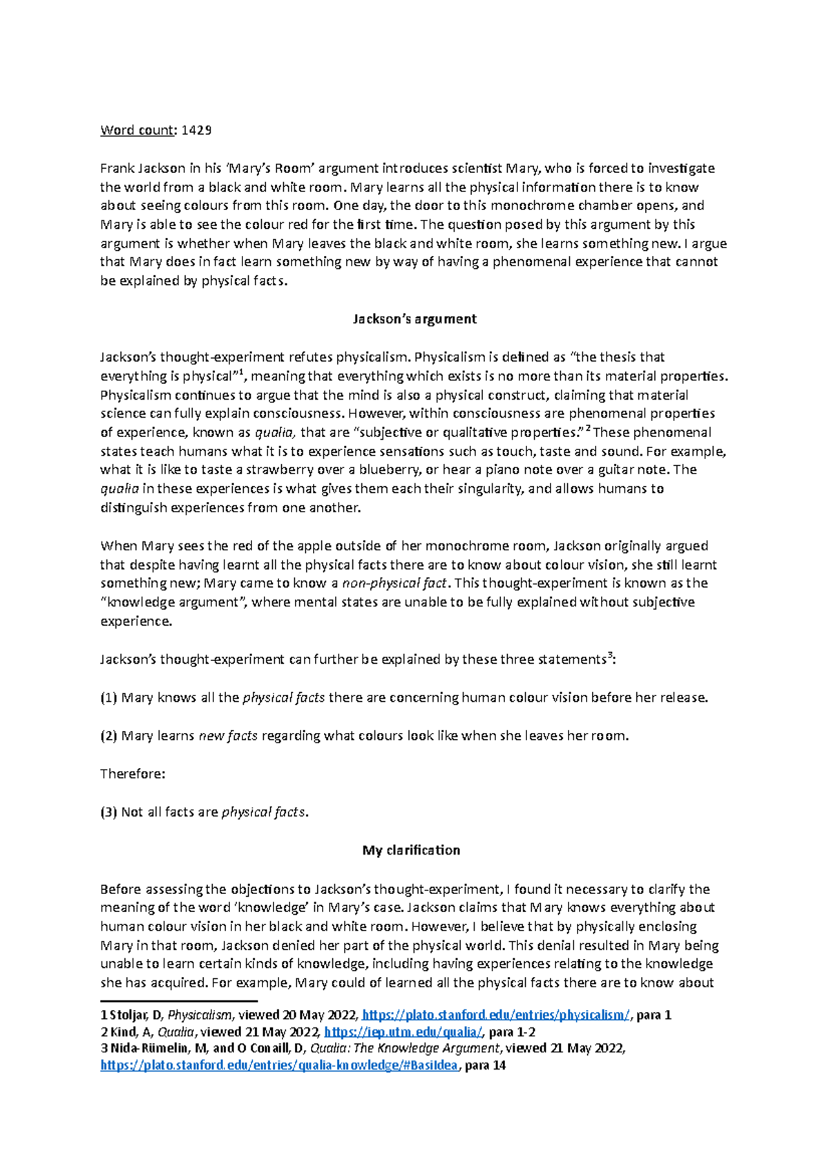 Phil essay 1 - HD - Word count: 1429 Frank Jackson in his ‘Mary’s Room ...