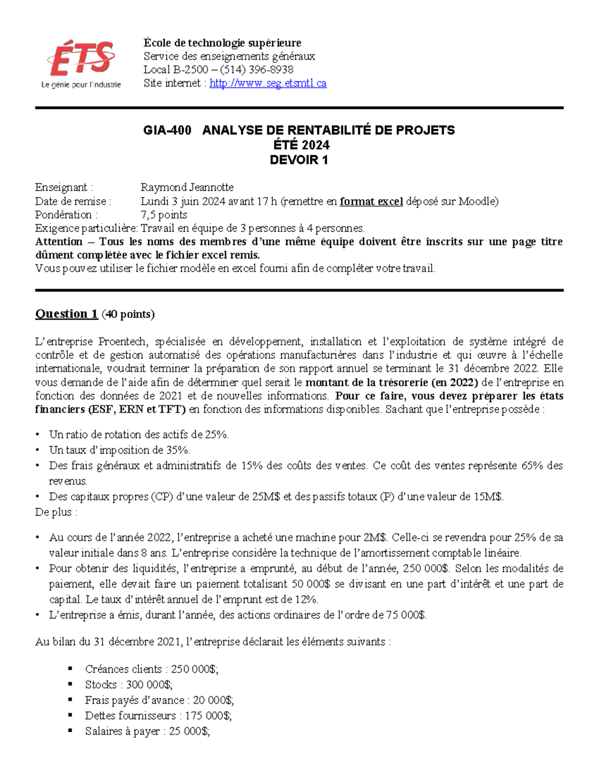 Devoir 1 - Été 2024 - École de technologie supérieure Service des enseignements généraux Local ...