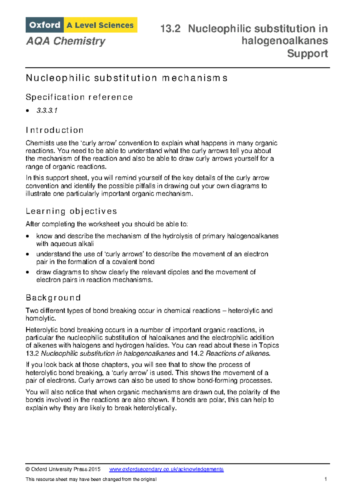L2 Support Nucleophilic substitution TASK - halogenoalkanes Support AQA ...