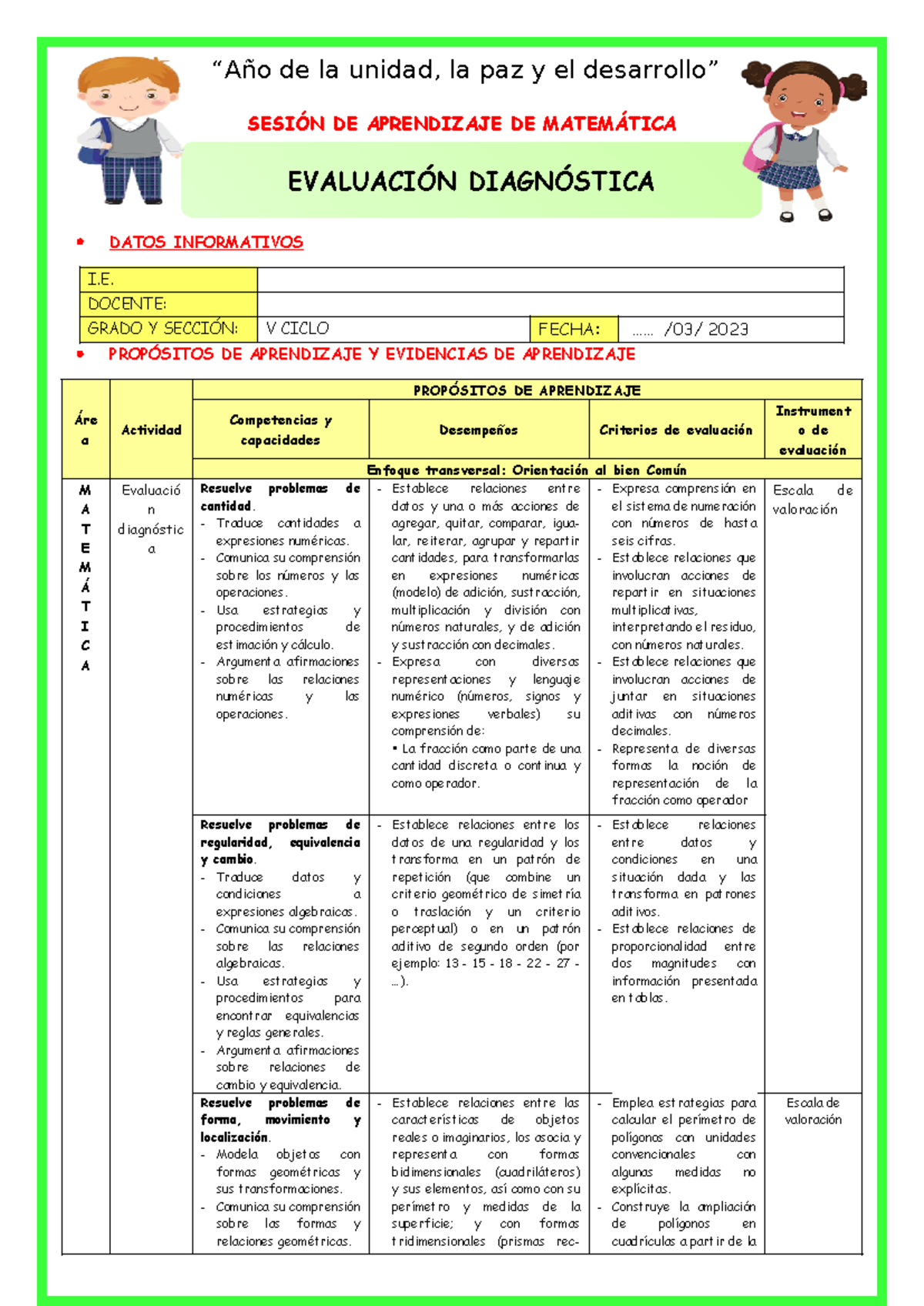 V Sesión De Evaluación Diagnóstica De Matemática SesiÓn De 4950