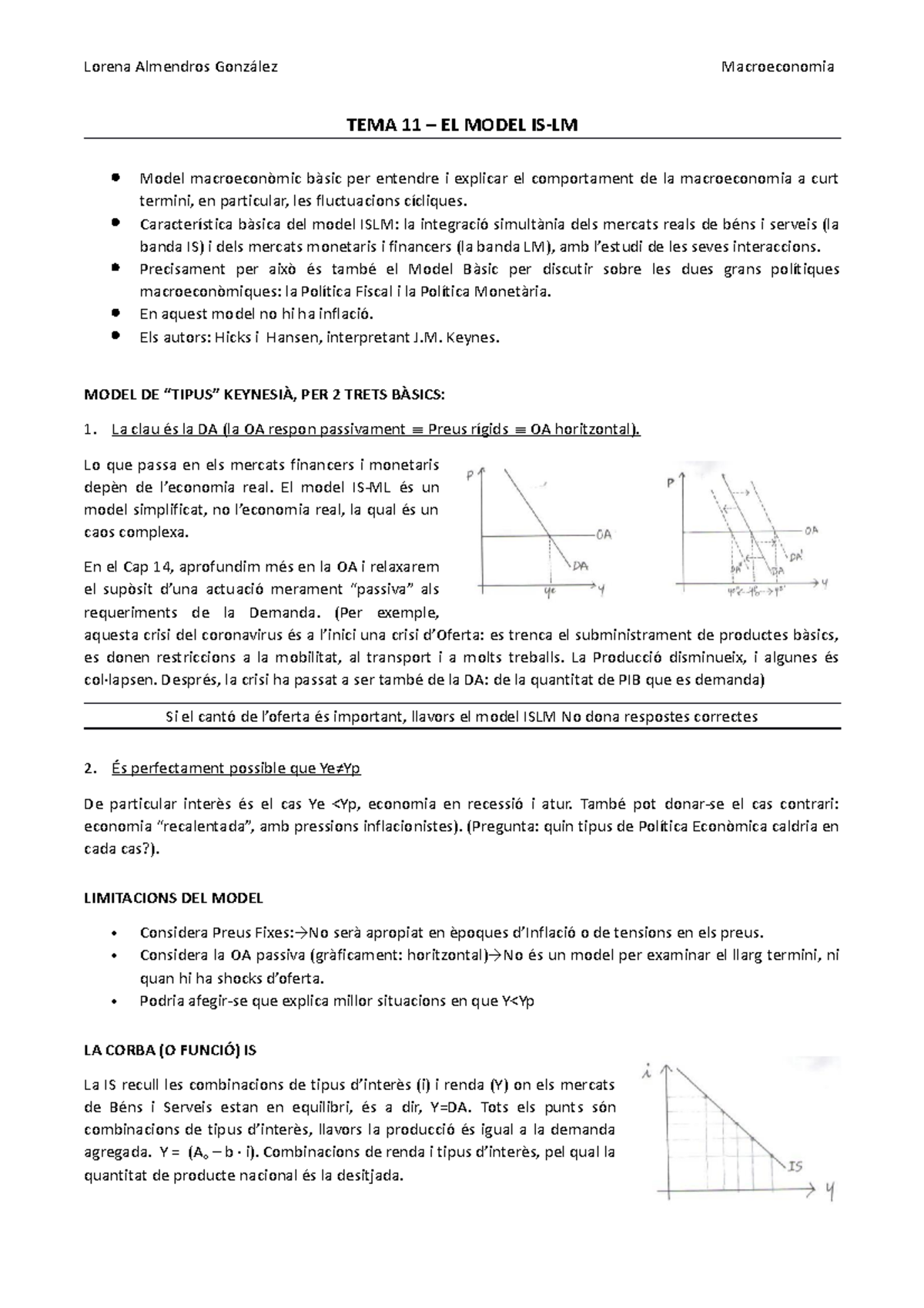 Apunts tema 11 - El model IS-LM - TEMA 11 – EL MODEL IS-LM Model macroeconòmic bàsic per ...