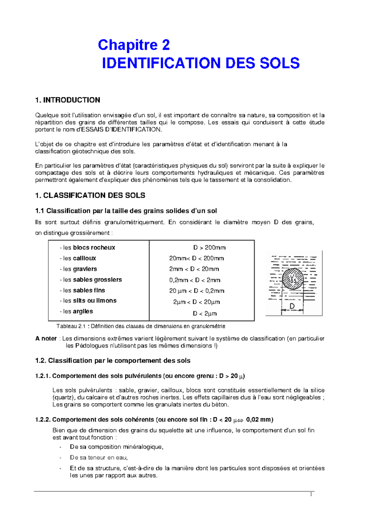 Mds2 - Chapitre 2 IDENTIFICATION DES SOLS - 1 Chapitre 2 IDENTIFICATION DES SOLS 1. INTRODUCTION ...