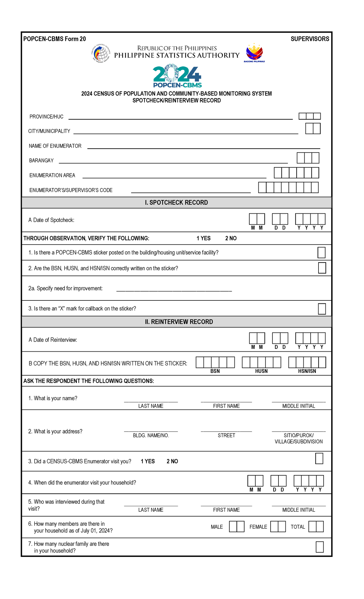 2024 Popcen-CBMS 20 Spotcheck Reinterview Record - 2024 CENSUS OF ...