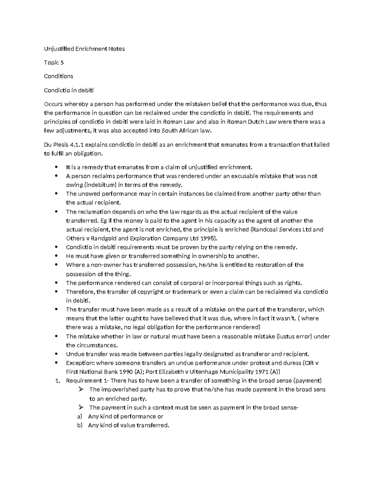 Unjustified enrichment notes from topic 5 - Unjustified Enrichment ...