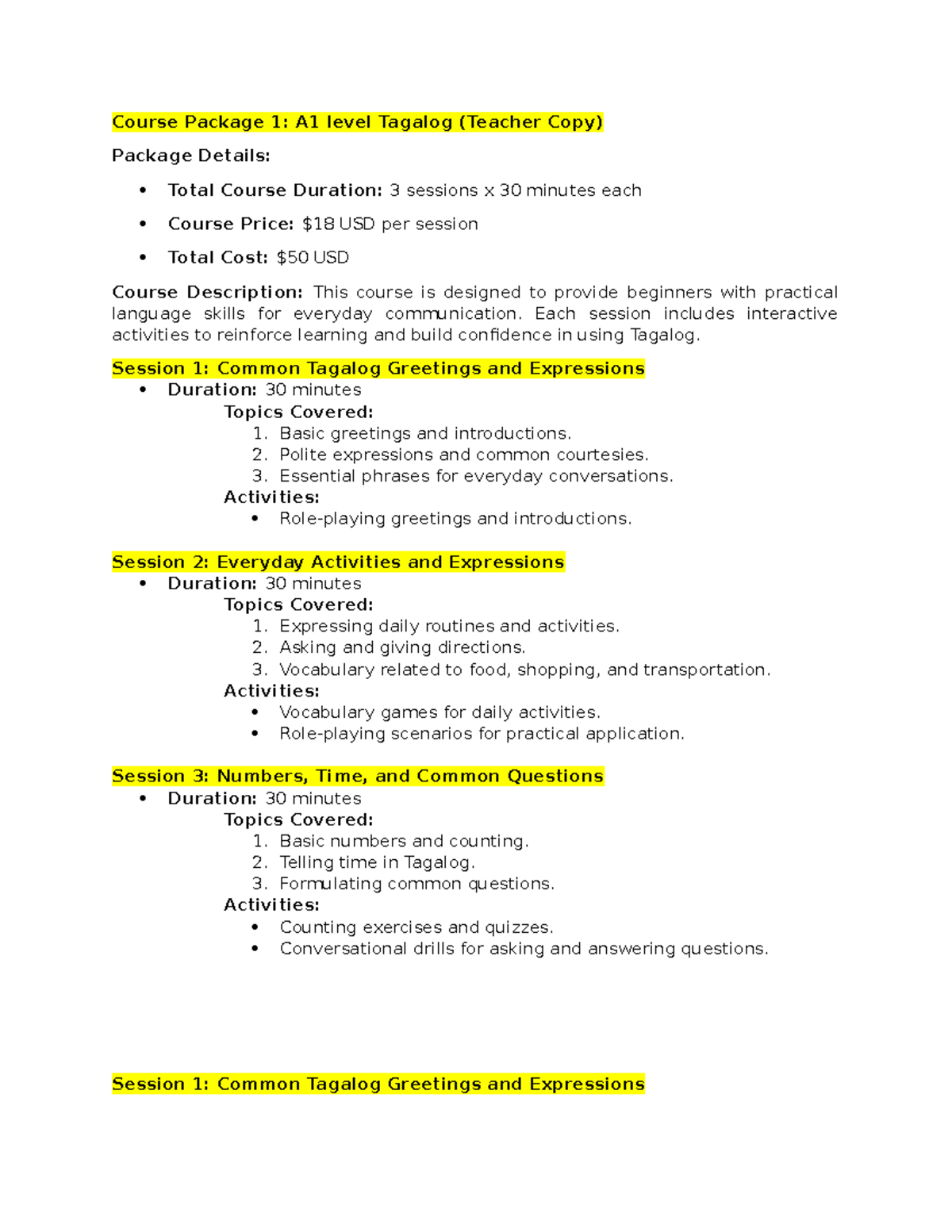 Lesson Outline - Course Package 1: A1 level Tagalog (Teacher Copy ...