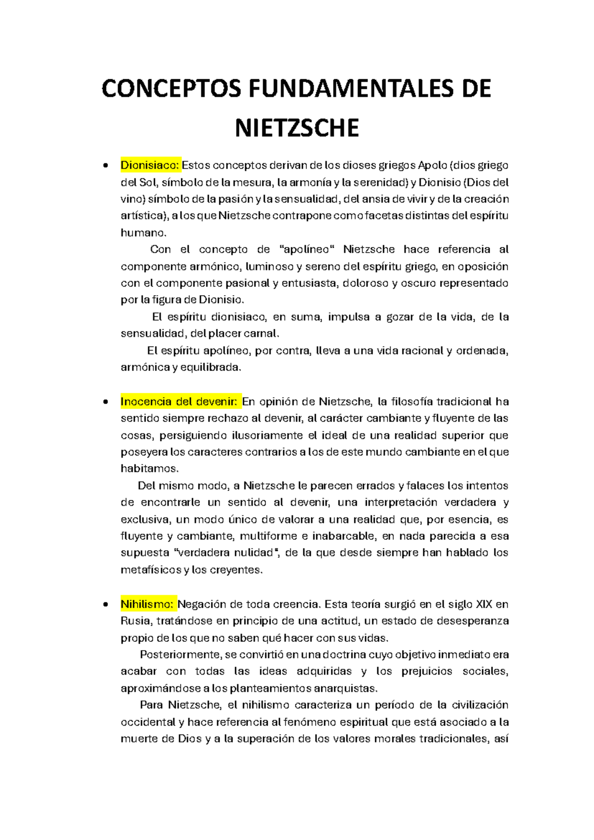 Conceptos Fundamentales DE Nietzsche - CONCEPTOS FUNDAMENTALES DE NIETZSCHE • Dionisiaco: Estos ...