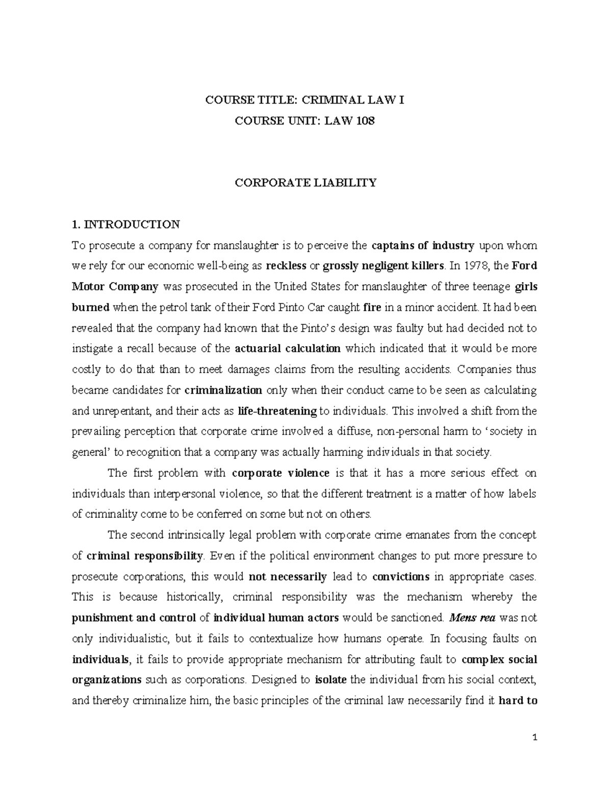 Criminal LAW I Corporate Liability - COURSE TITLE: CRIMINAL LAW I ...