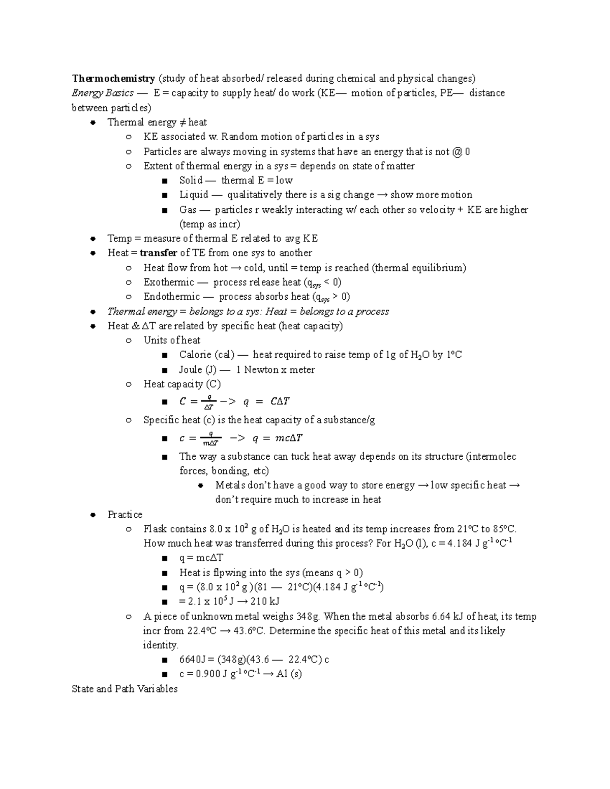 Unit 2 Chem 1211K - Notes for exam 2 - Thermochemistry (study of heat ...