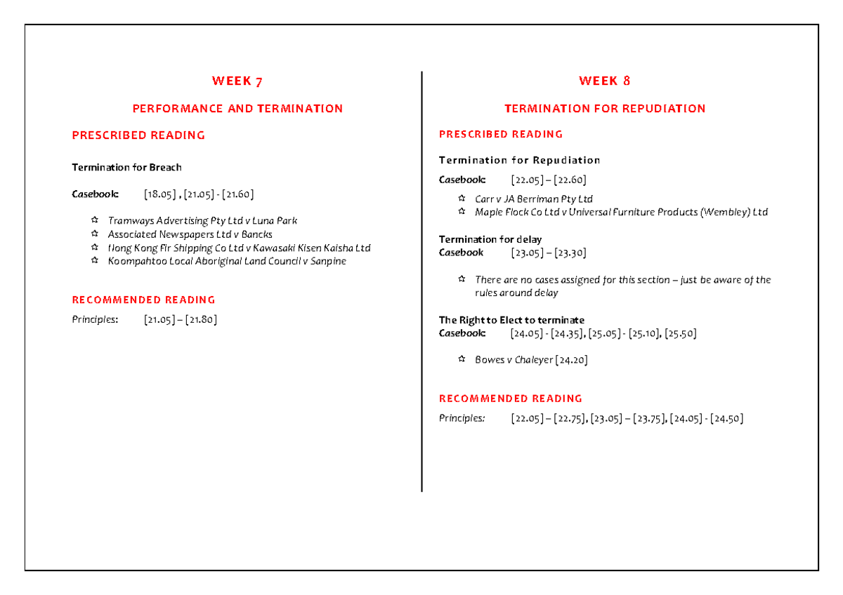 Readings weeks 7-13 2024 - WEEK 7 PERFORMANCE AND TERMINATION ...