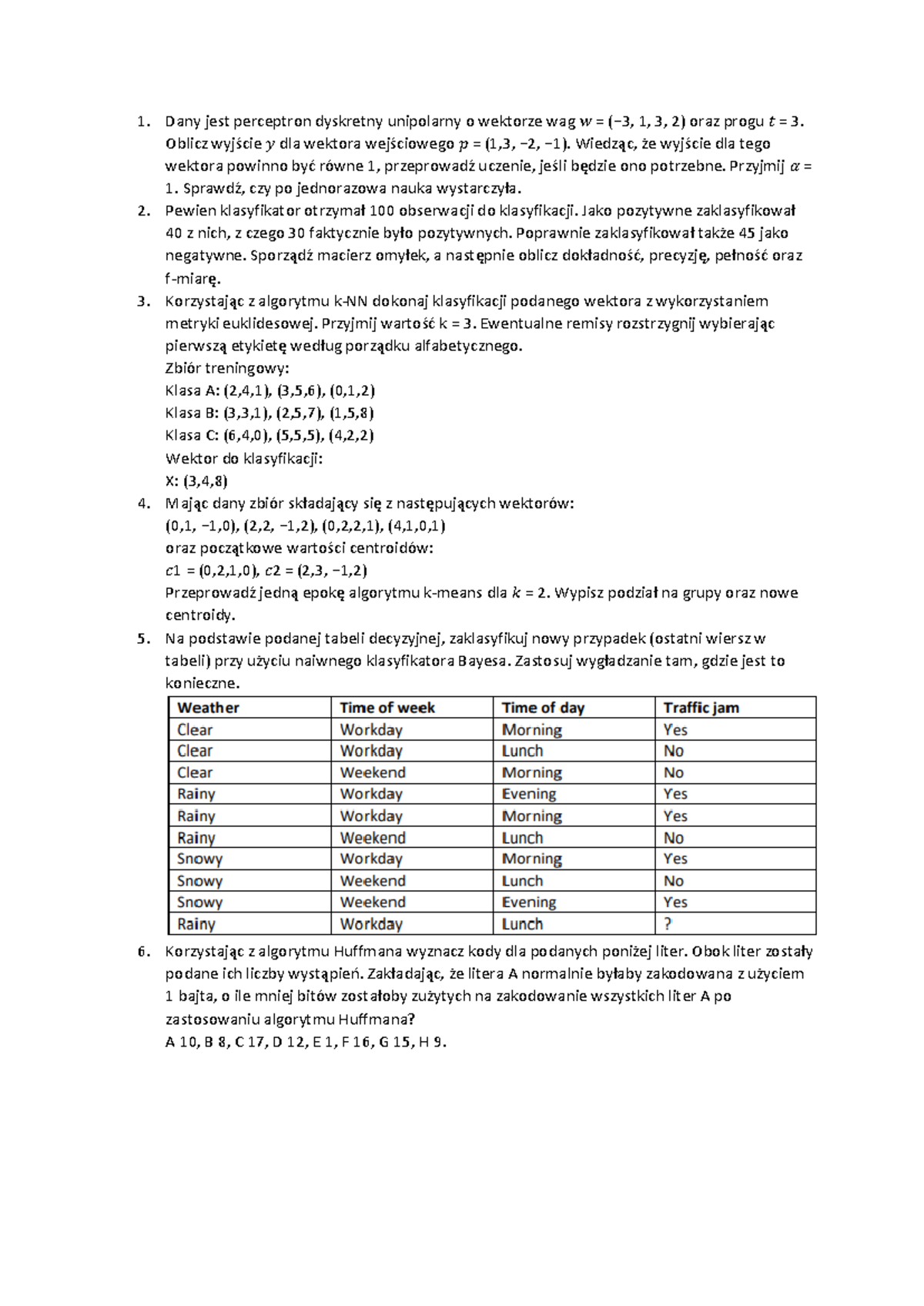 Powtorzenie - Dany jest perceptron dyskretny unipolarny o wektorze wag 𝑤 = (−3, 1, 3, 2) oraz ...