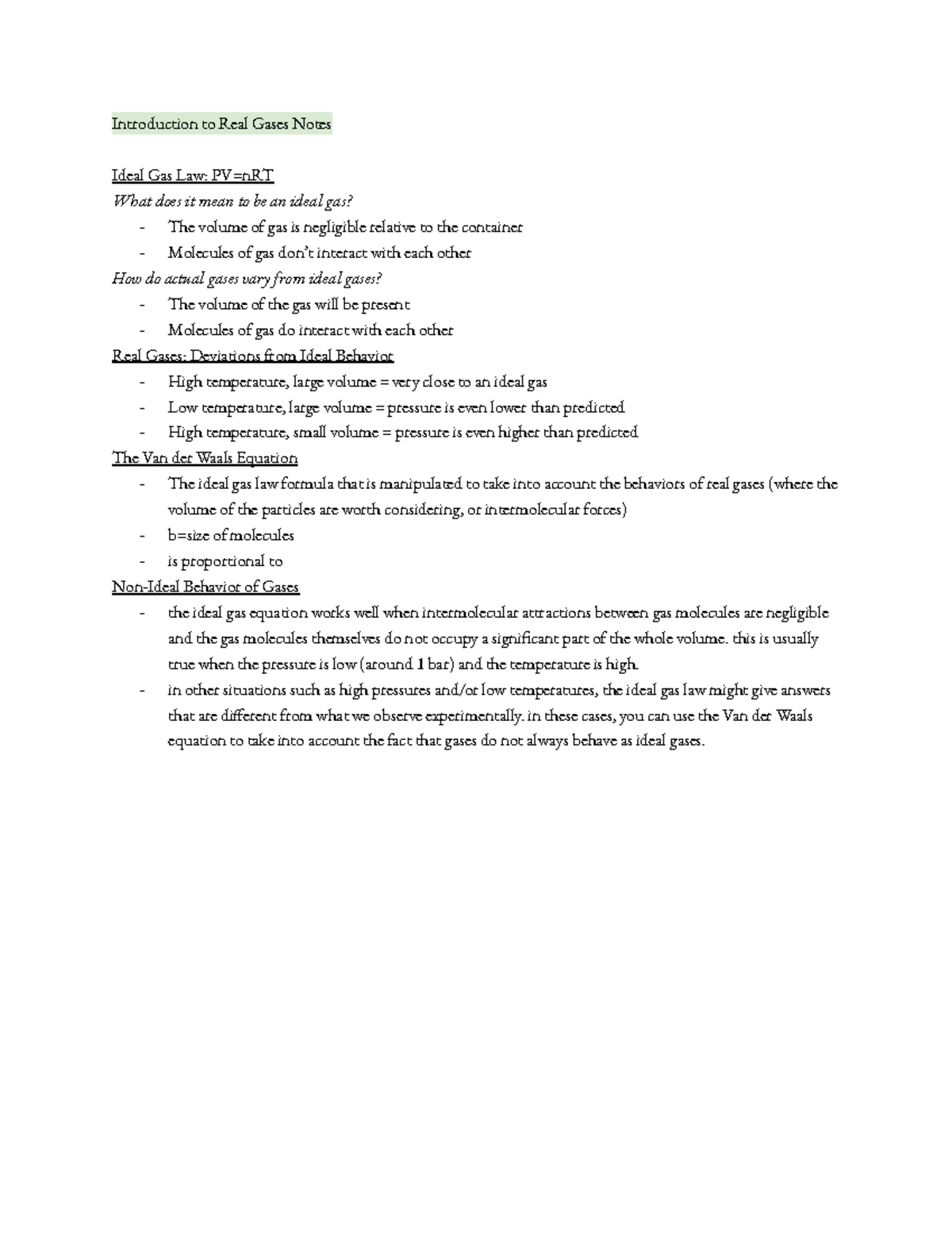 Introduction to real gases notes - Introduction to Real Gases Notes ...