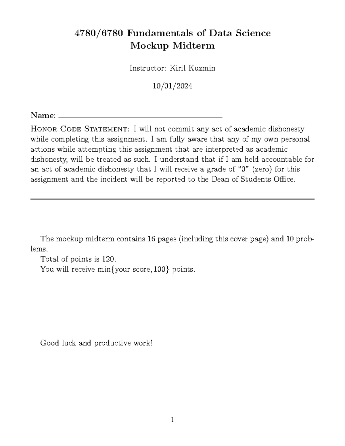 Midterm Mockup with solutions 2024 - 4780/6780 Fundamentals of Data ...