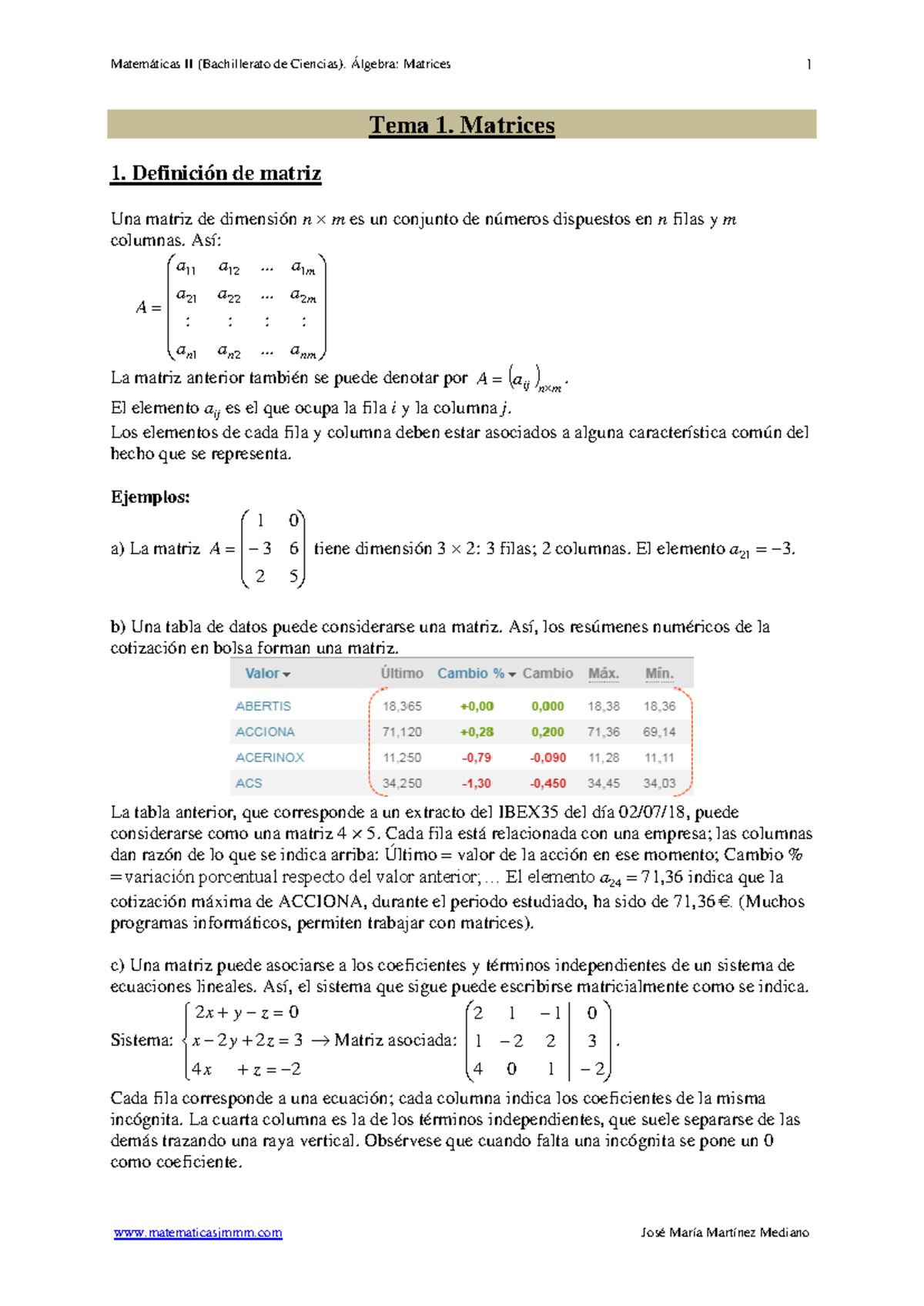 Matricez - Matrices - 1 Tema 1. Matrices 1. Definición de matriz Una matriz de dimensión n m es ...