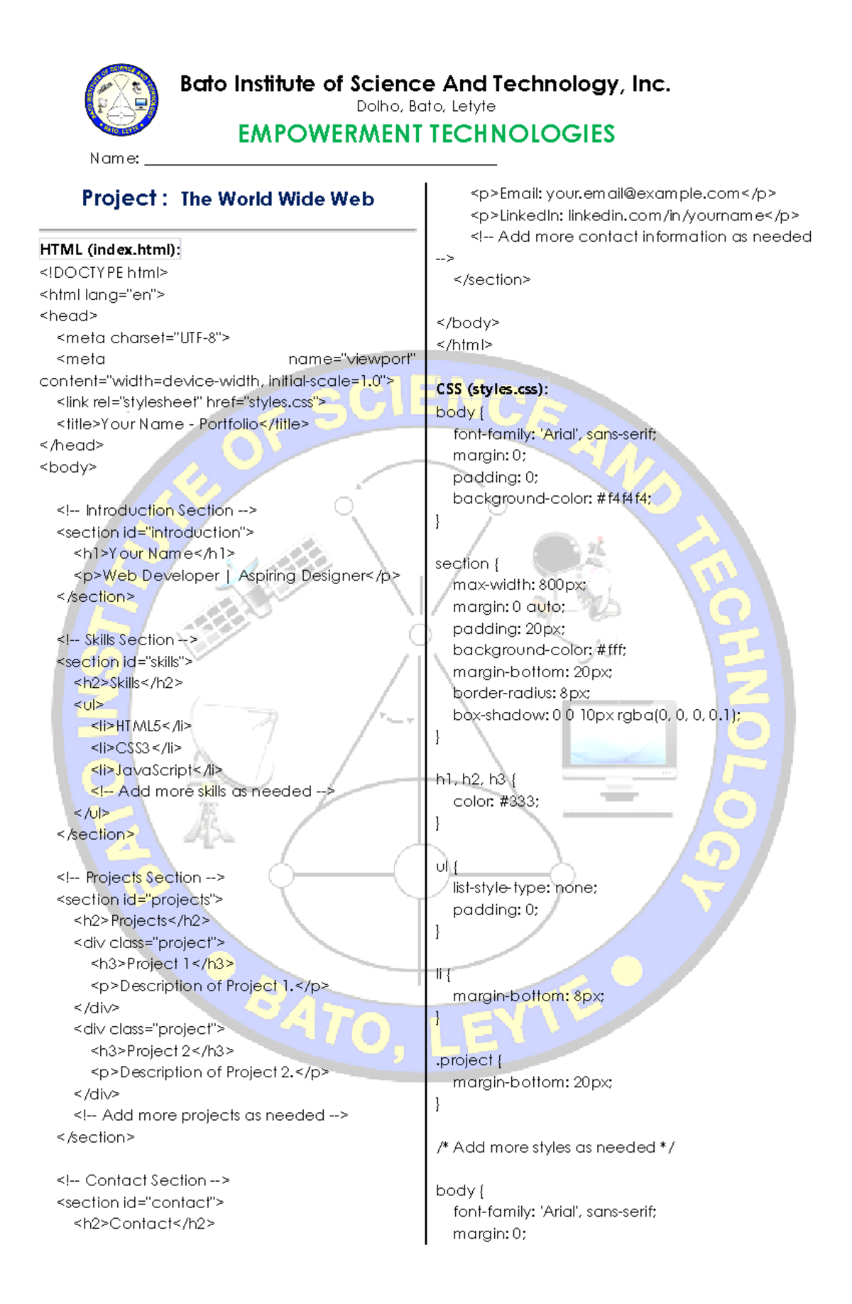 The World Wide Web - Project - Bato Institute of Science And Technology ...