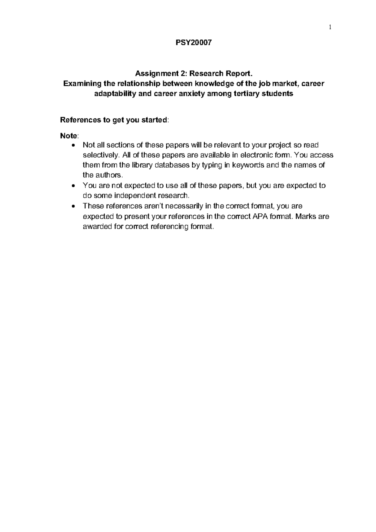 List of starting references for Assignment 2 - 1 PSY Assignment 2 ...