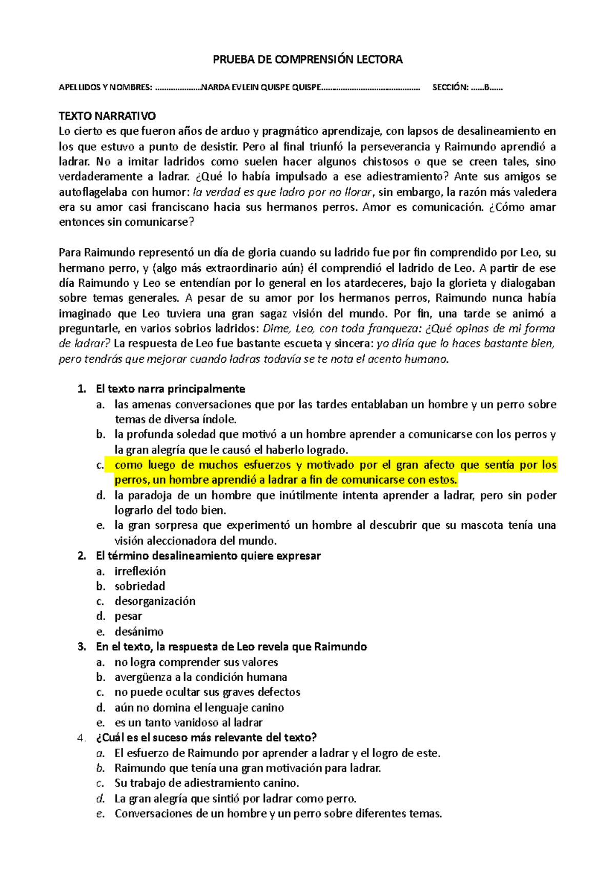 Prueba Texto Narrativo (17) - PRUEBA DE COMPRENSIÓN LECTORA APELLIDOS Y ...