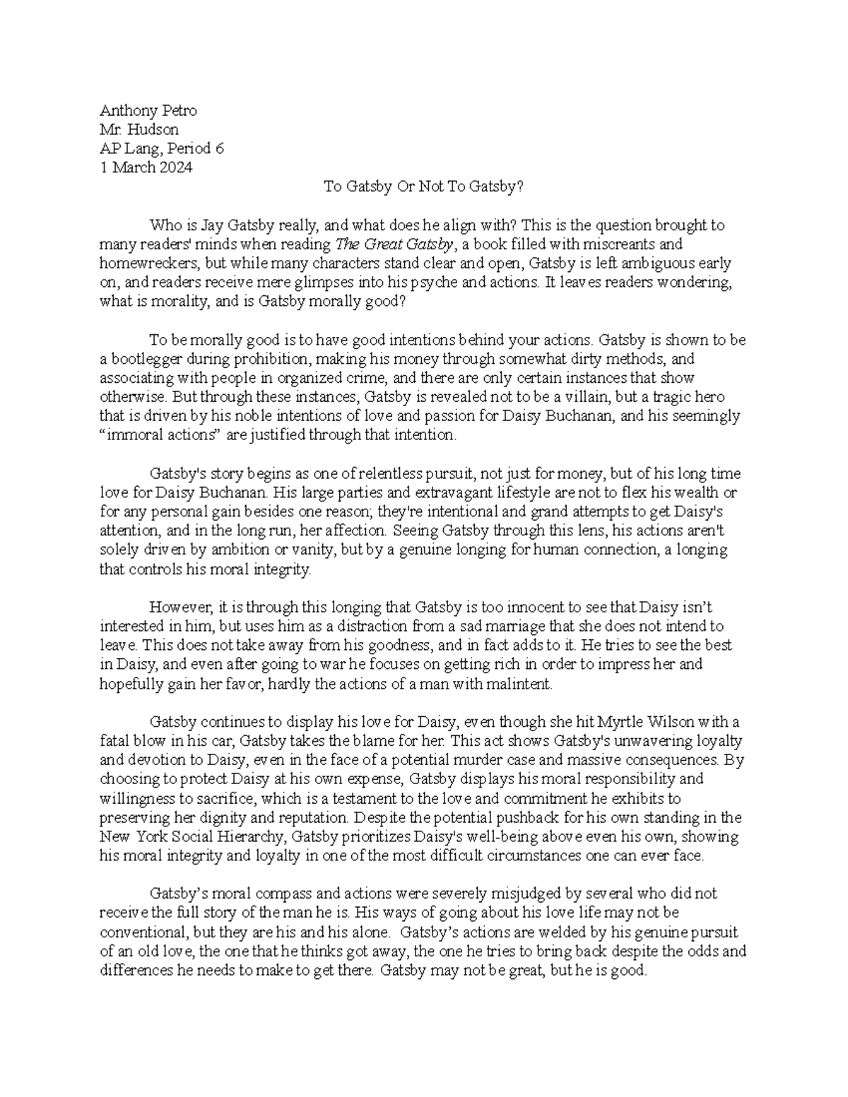 Gatsby Moral Analysis OP-ED - Anthony Petro Mr. Hudson AP Lang, Period ...