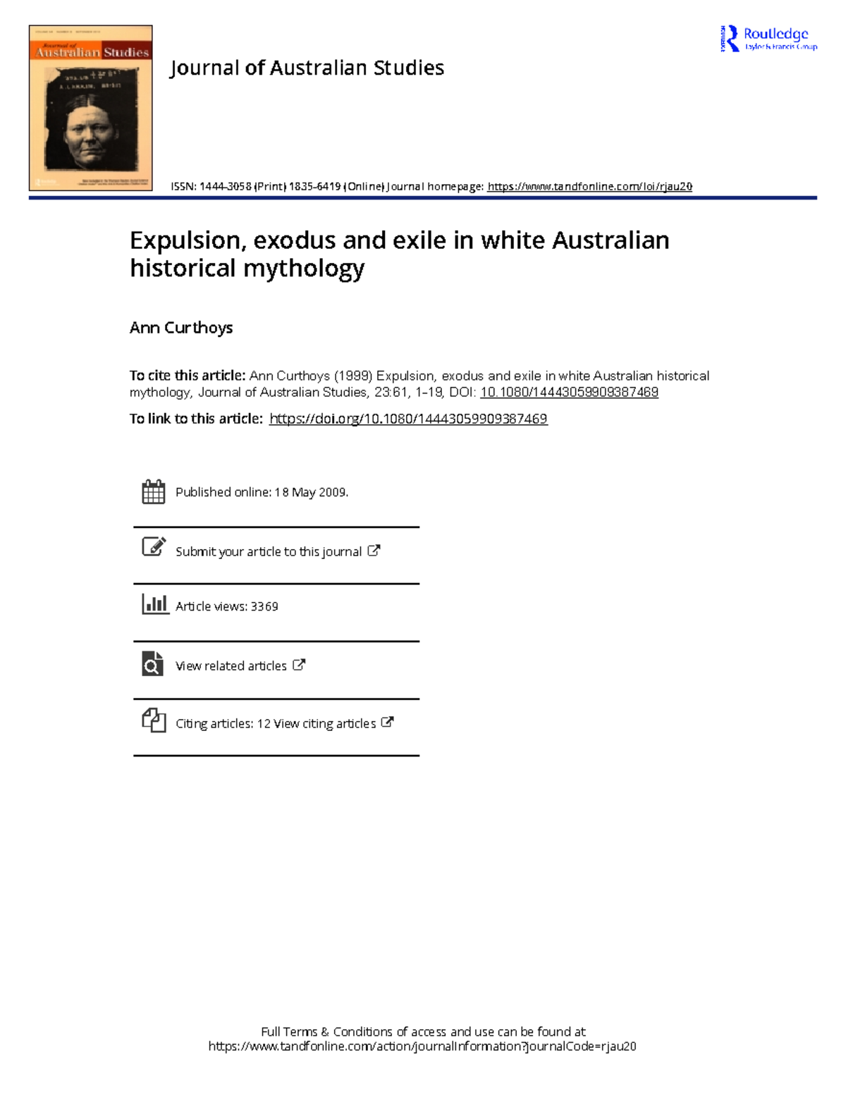 Expulsion exodus and exile in white Australian historical mythology ...
