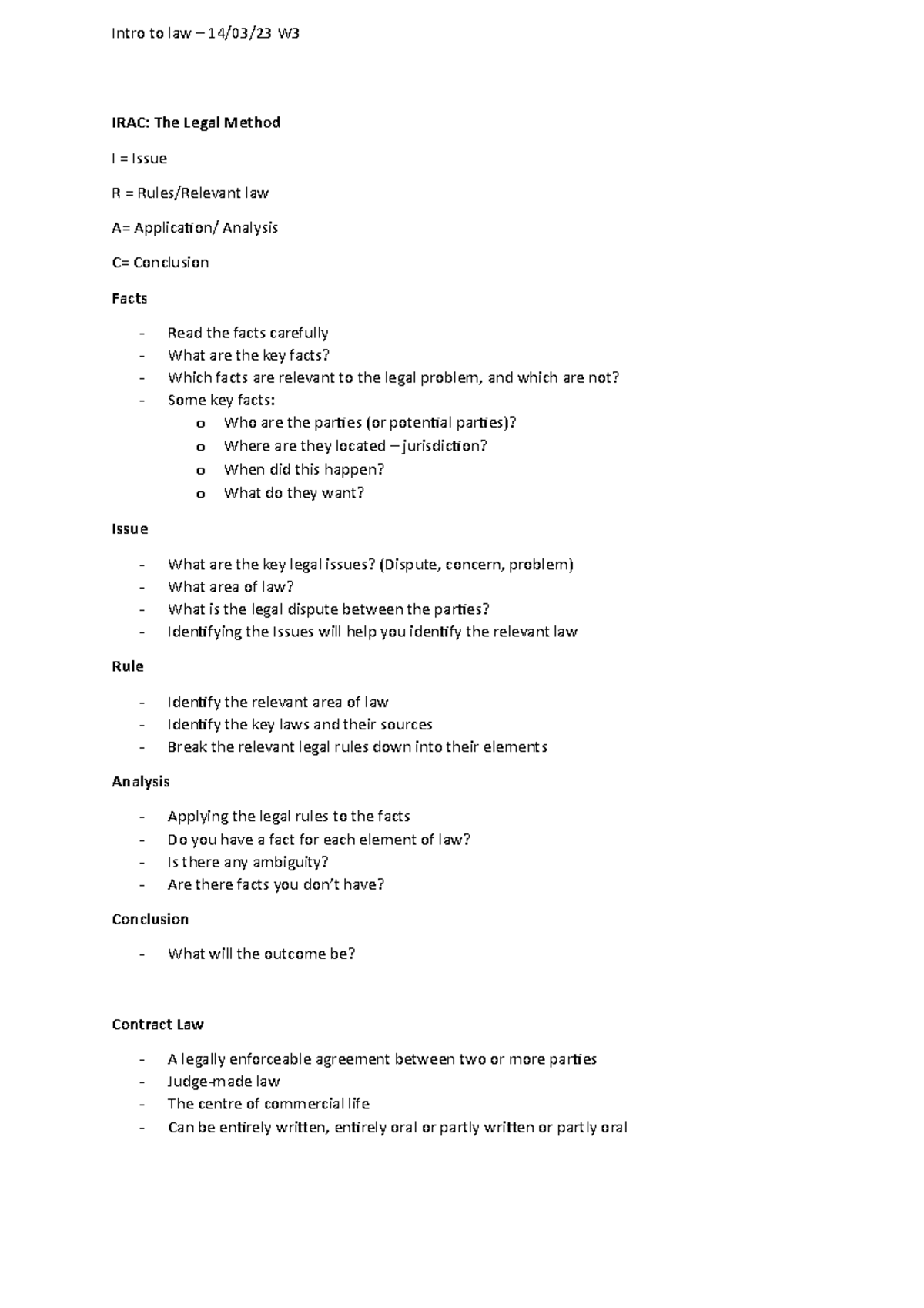 Lecture 3 (W3) notes - IRAC: The Legal Method I = Issue R = Rules ...